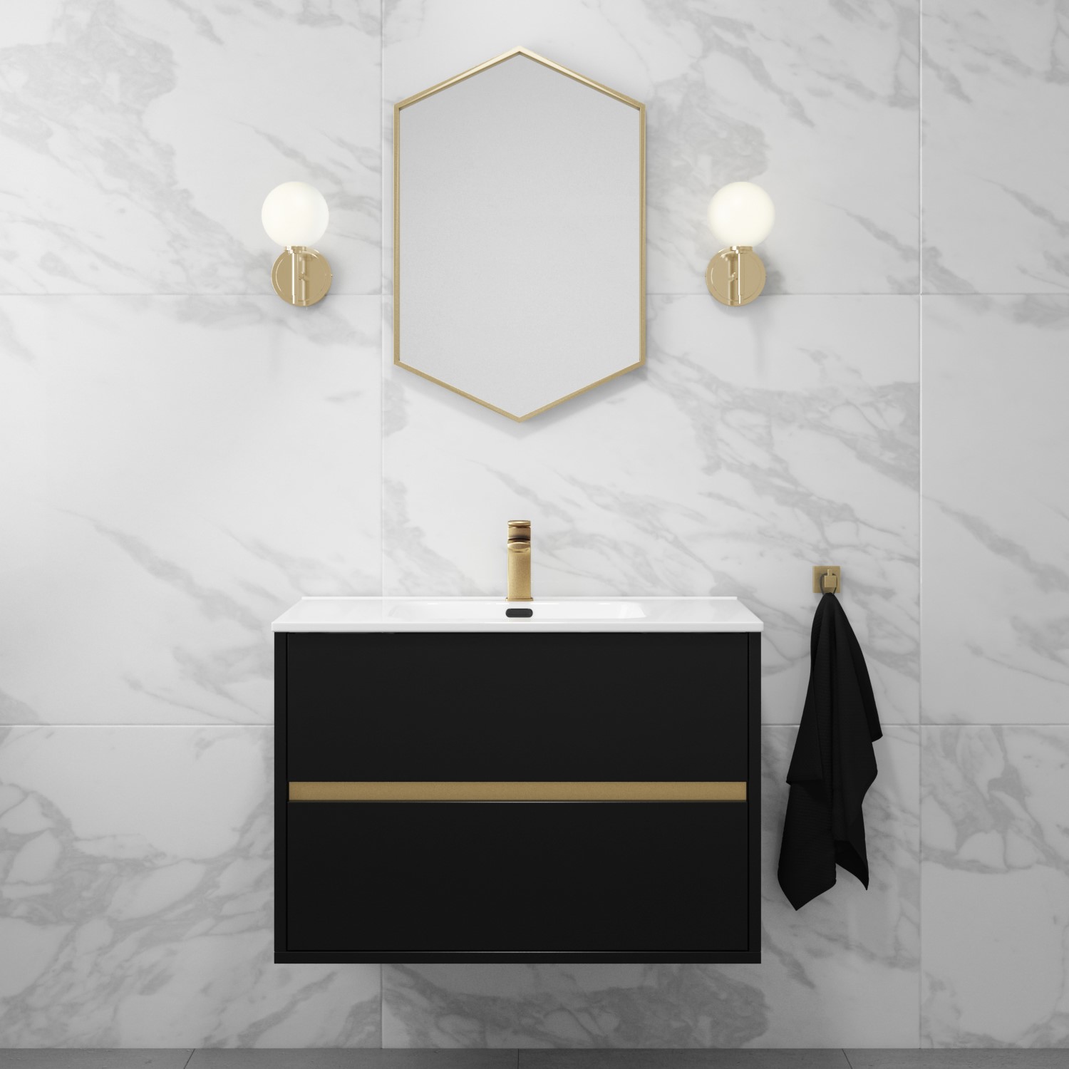 Grade A2 - 800mm Black Wall Hung Vanity Unit with Basin - Roxbi ...