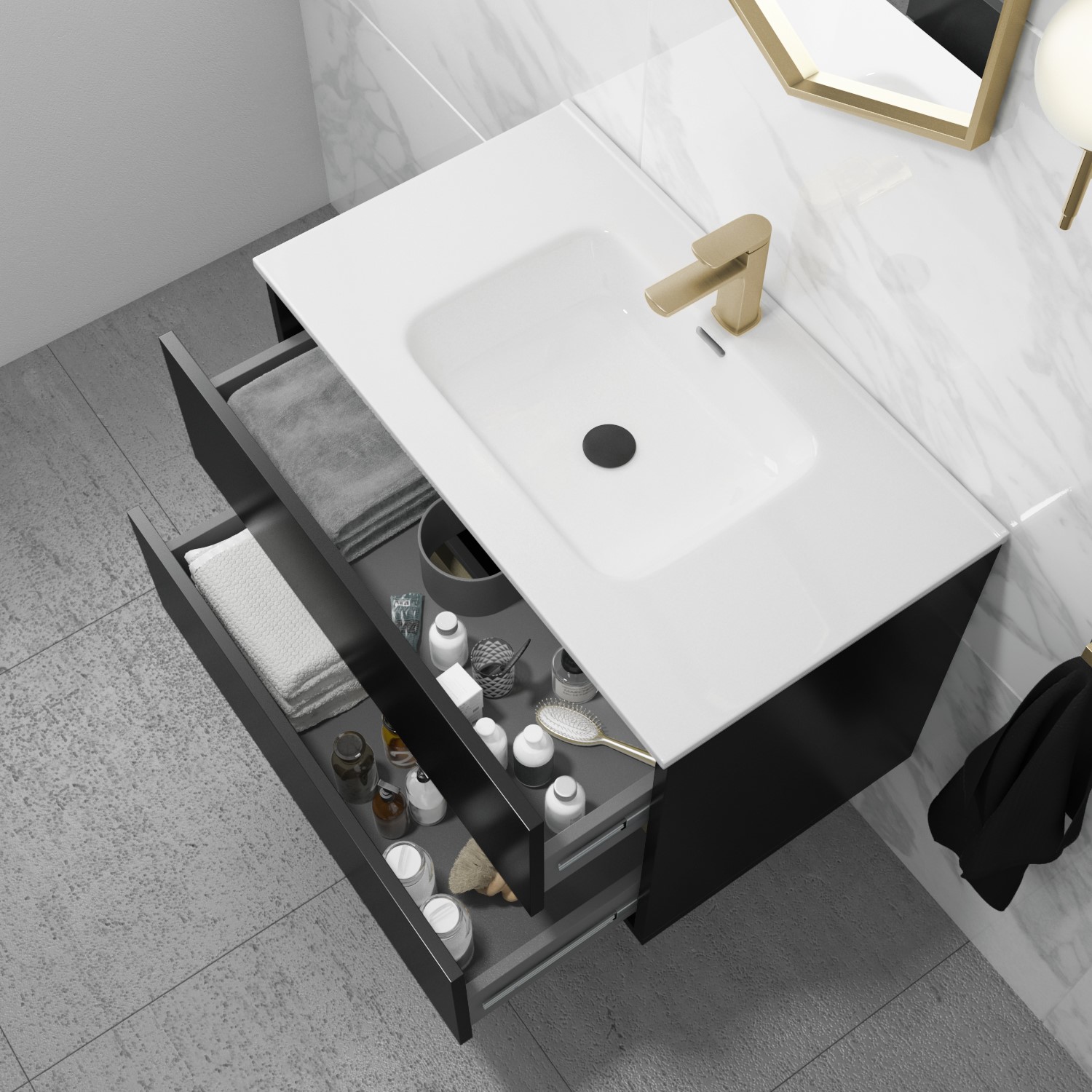 Grade A2 - 800mm Black Wall Hung Vanity Unit with Basin - Roxbi ...