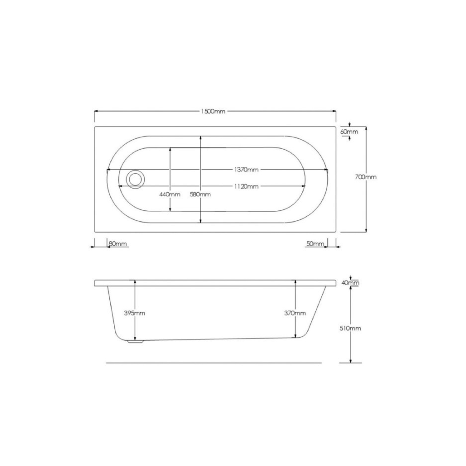 A1 GRADED - 1500 x 700 Colt Single Ended Steel Bath with 2 Tap Holes ...