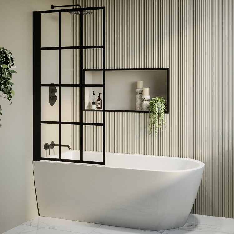 Freestanding Single Ended Left Hand Corner Shower Bath with Black Grid ...