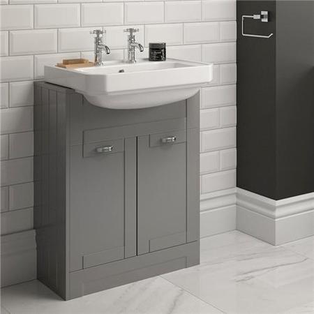 600mm 2 Door Vanity Unit with 2 Tap Hole Semi Inset Basin Grey ...