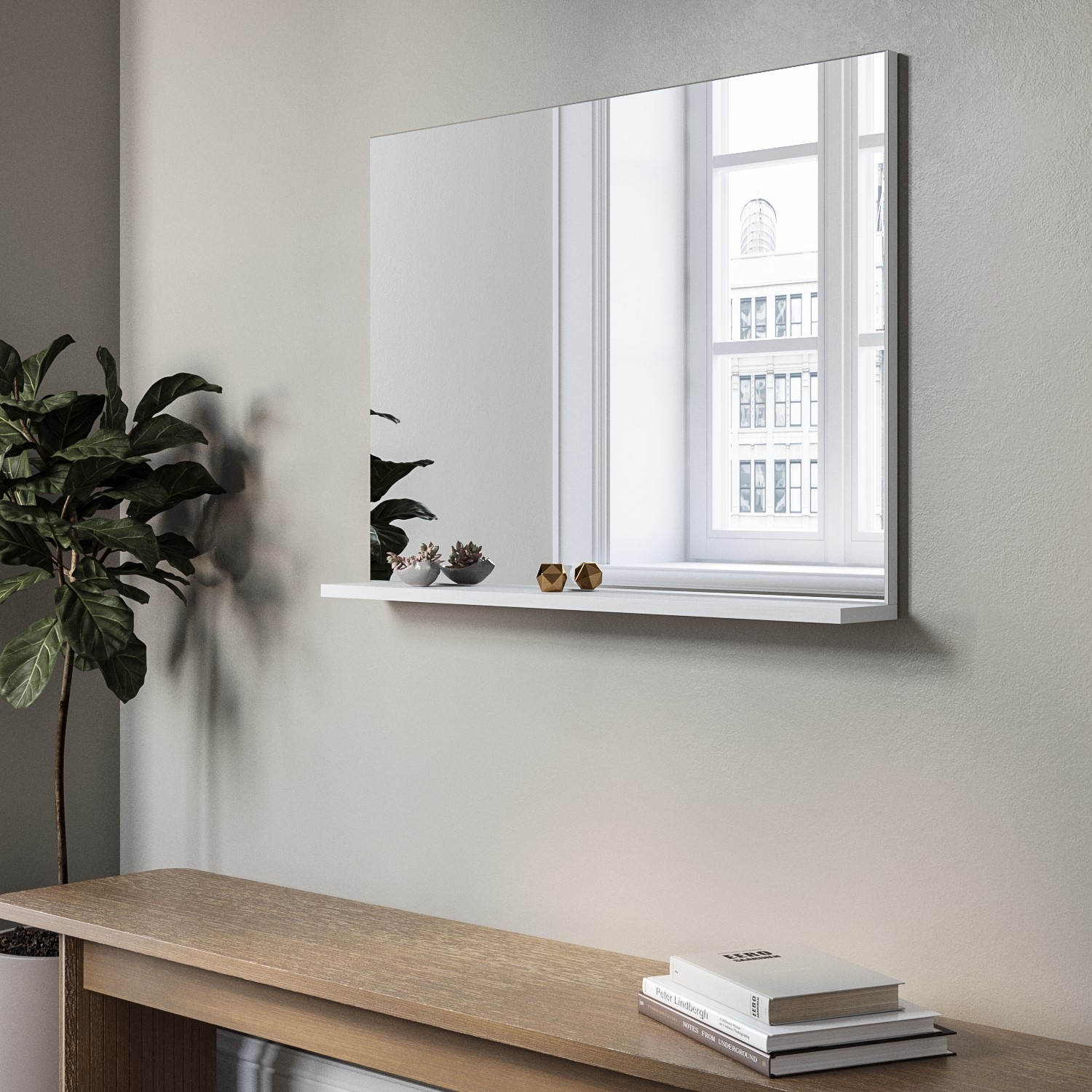 Rectangular White Oak Mirror With Shelf 65 x 90cm - Boston - Better ...