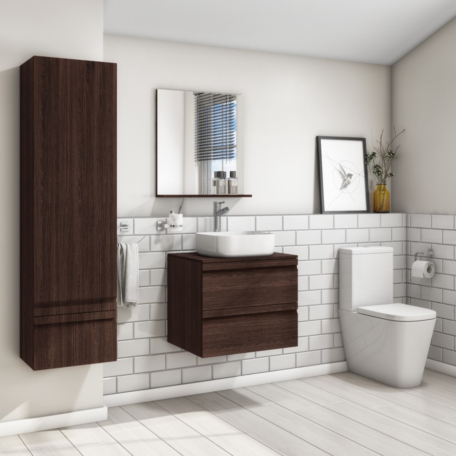 600mm Wall Hung 2 Drawer Vanity Unit with Dover 385mm Basin Dark Oak ...