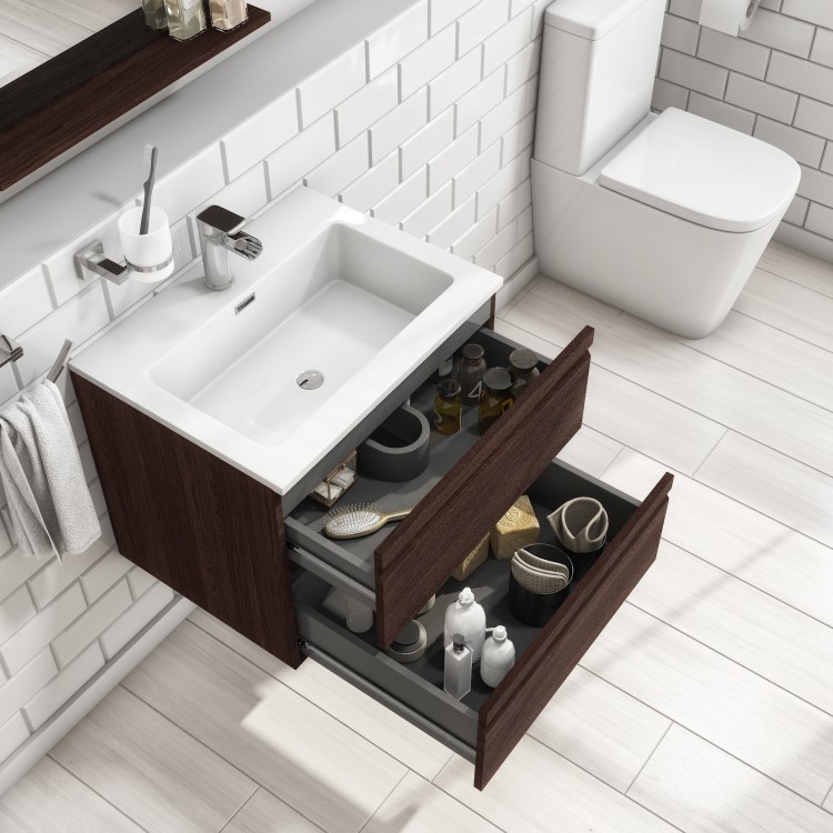 Grade A1 - 600mm Dark Wood Effect Wall Hung Vanity Unit with Basin ...