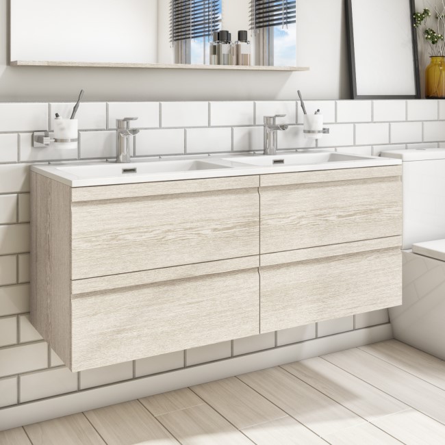 1200mm Light Wood Effect Wall Hung Double Vanity Unit with Basins ...