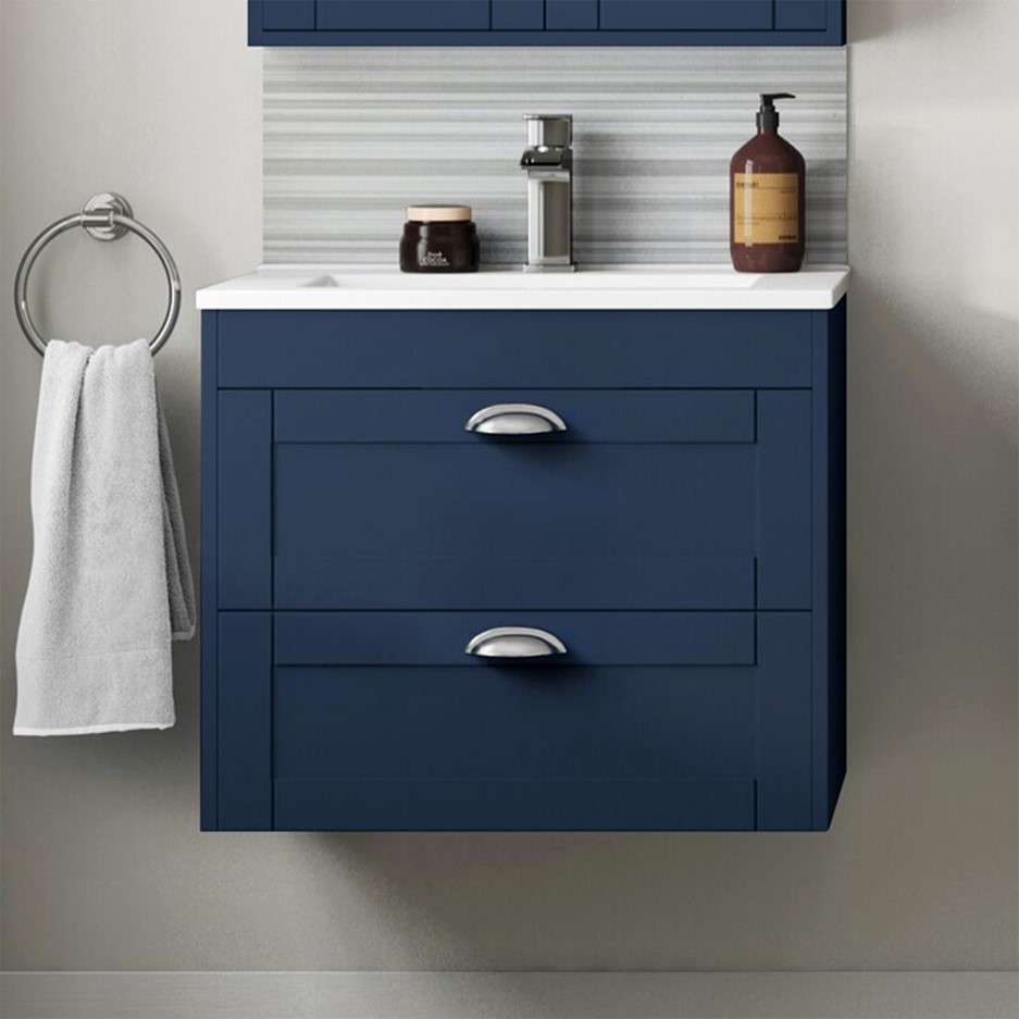 600mm Wall Hung Vanity Basin Unit - Indigo Blue Double Drawer ...