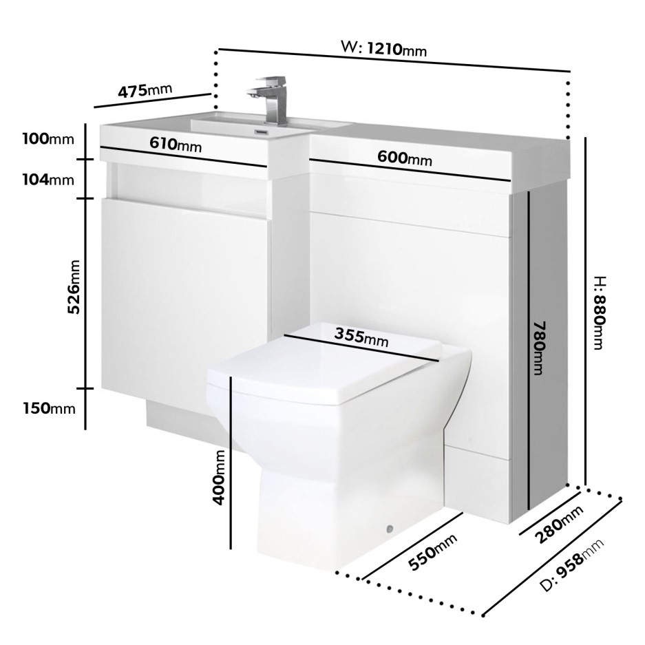 1200mm Toilet and Basin Combination Unit - 2 Drawers - White - Left ...