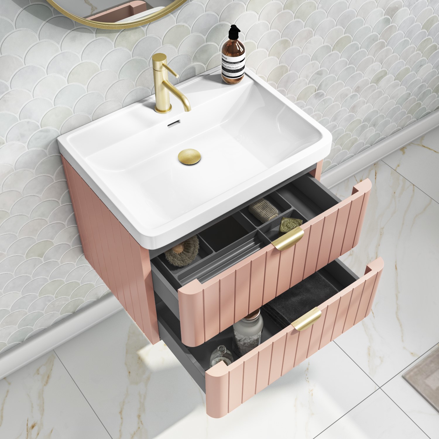 Grade A1 - 600mm Pink Wall Hung Vanity Unit with Basin and Brass ...