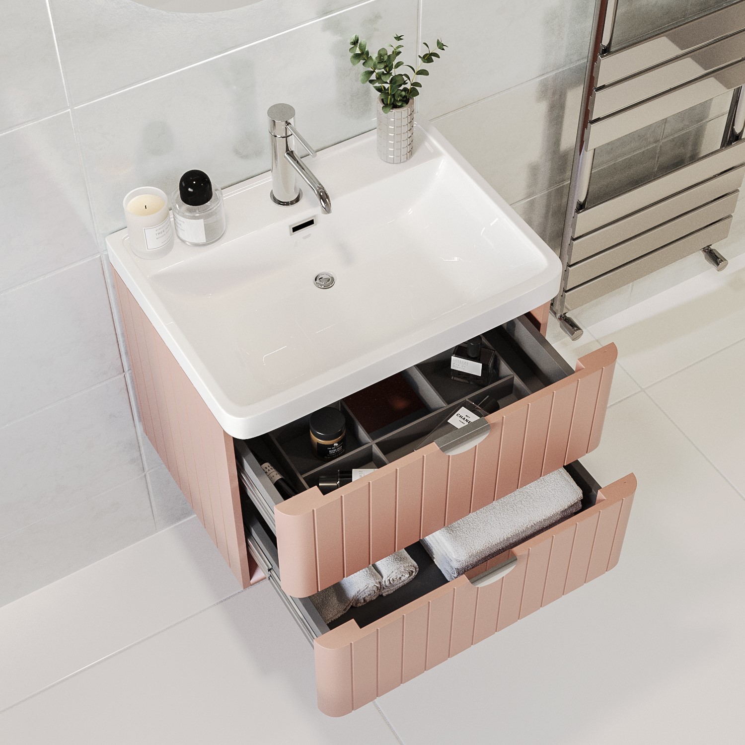 600mm Pink Wall Hung Vanity Unit with Basin and Chrome Handles - Empire ...