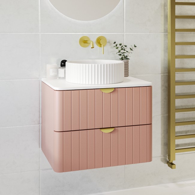 600mm Pink Wall Hung Countertop Vanity Unit with Basin and Brass ...