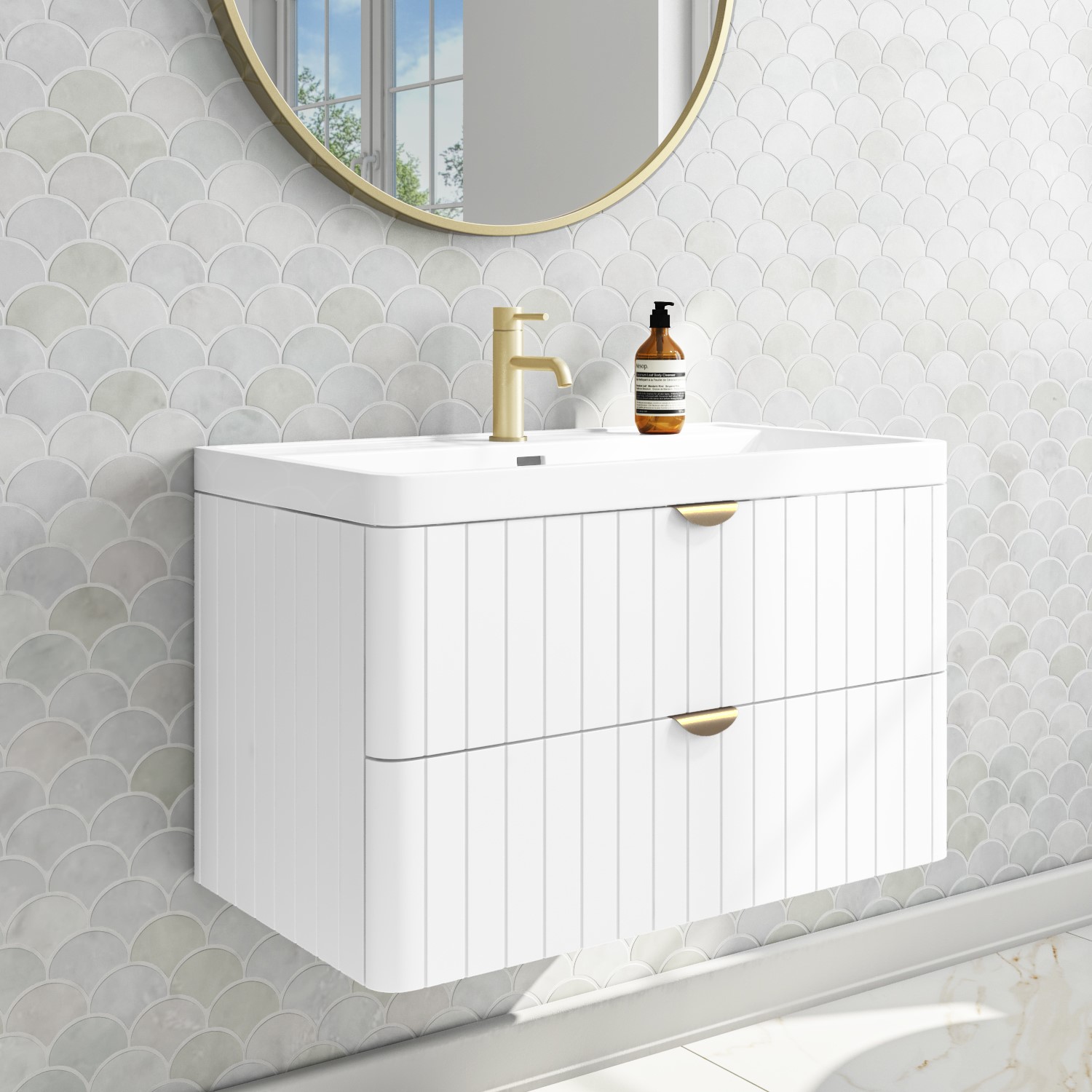 Grade A1 - 800mm White Wall Hung Vanity Unit with Basin and Brass ...