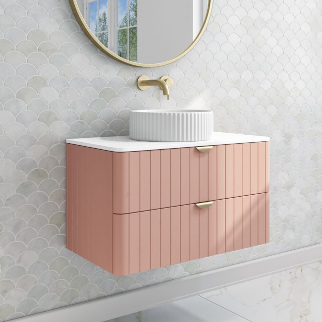 800mm Pink Wall Hung Countertop Vanity Unit with Basin and Brass ...