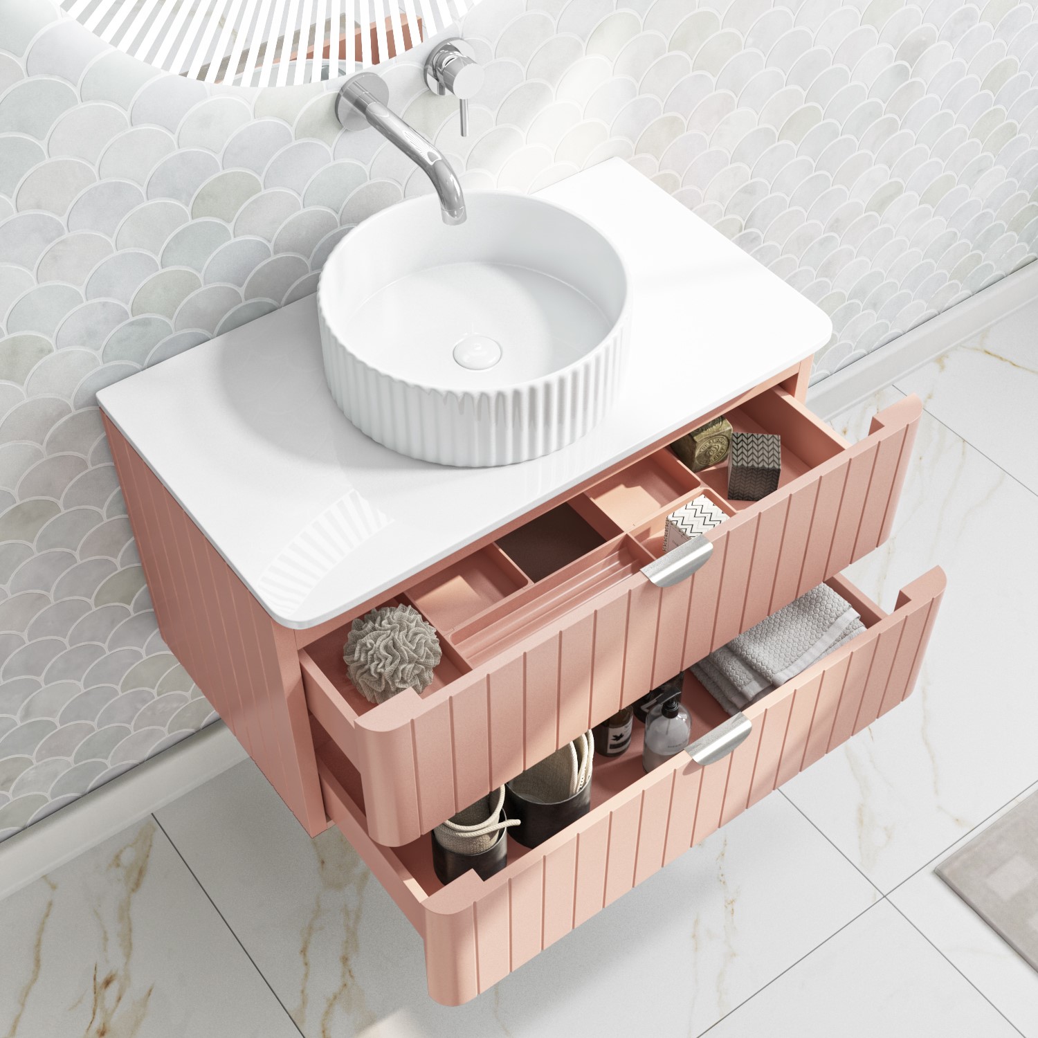 800mm Pink Wall Hung Countertop Vanity Unit with Basin and Chrome ...