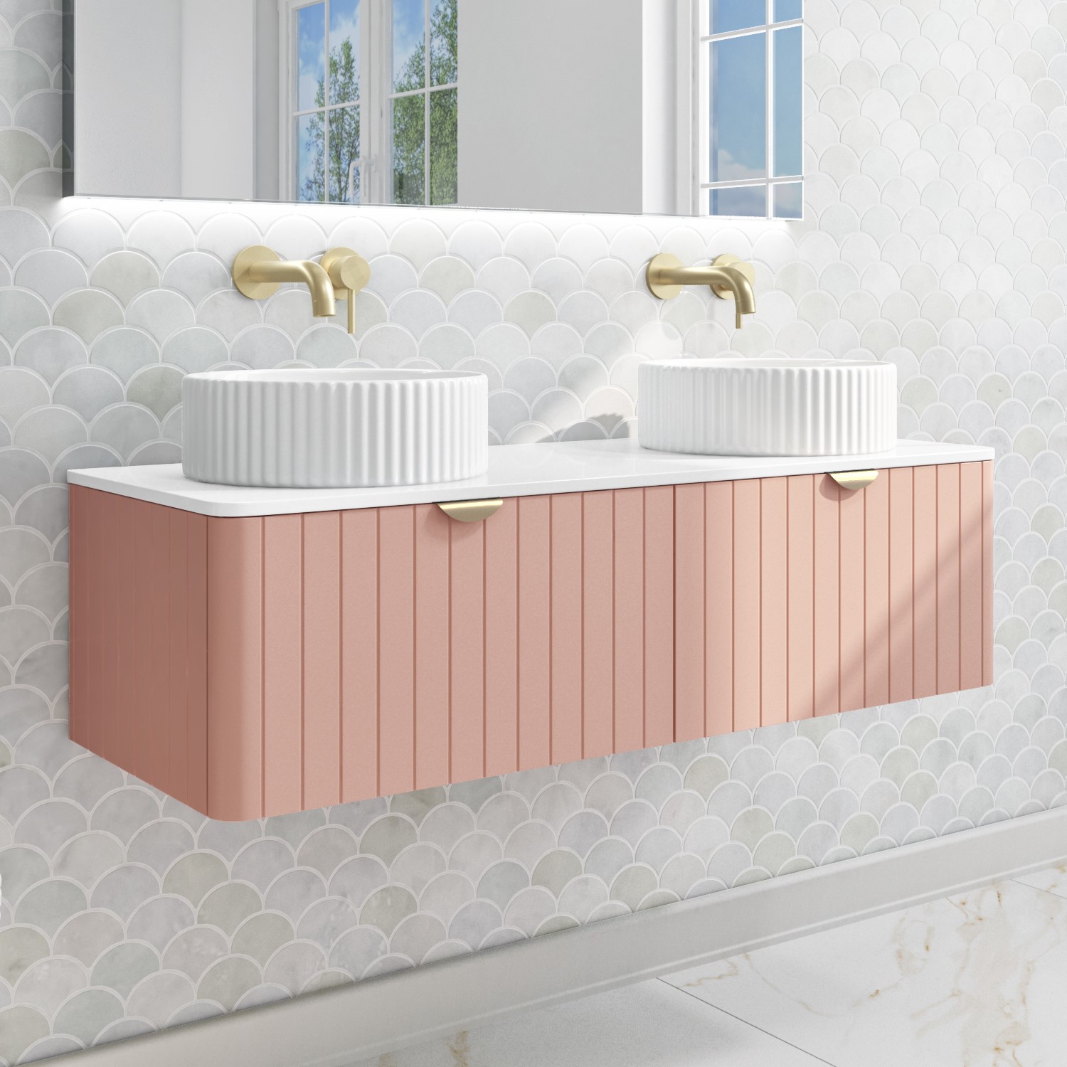 1200mm Pink Wall Hung Countertop Double Vanity Unit with Basins and ...
