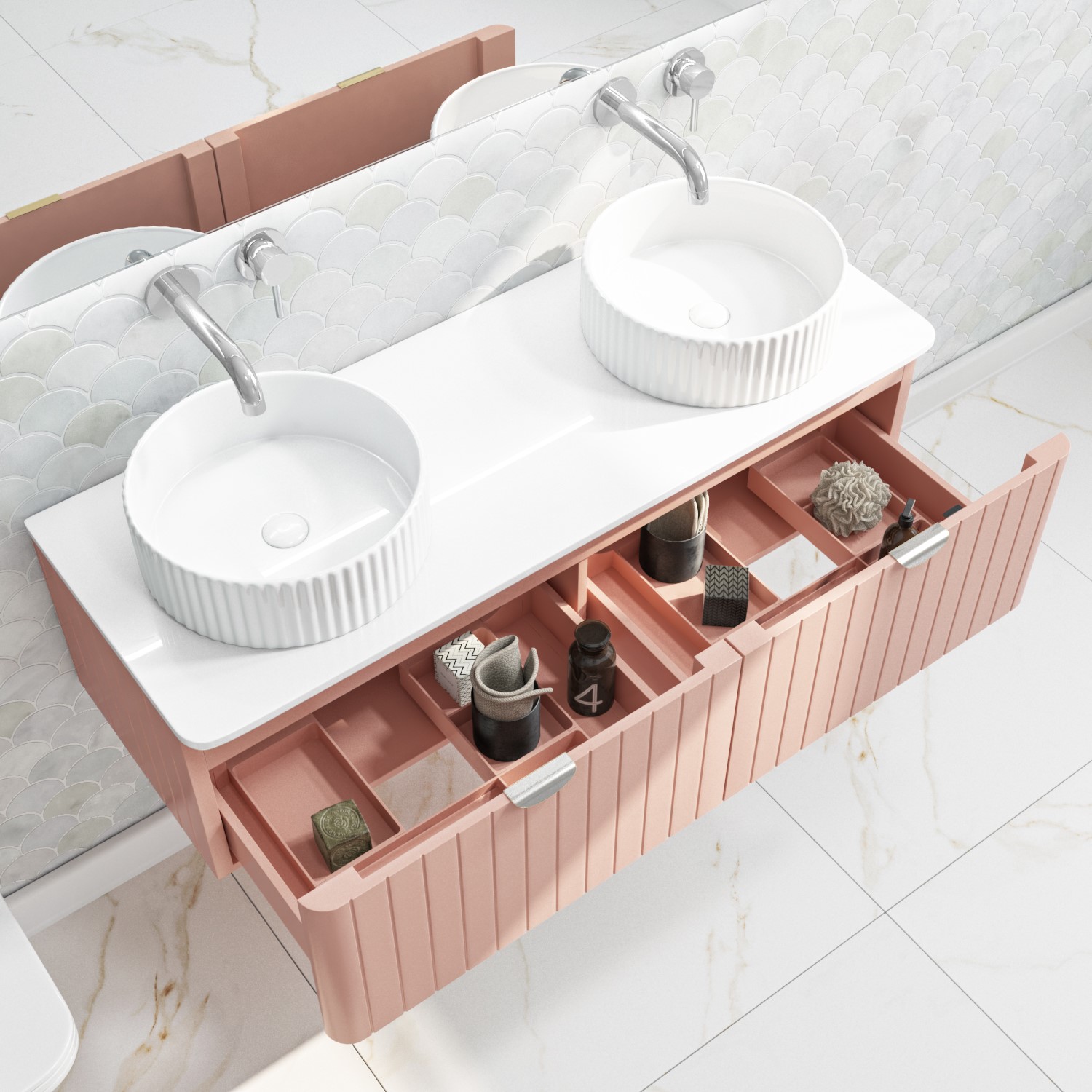 1200mm Pink Wall Hung Countertop Double Vanity Unit with Basins and ...