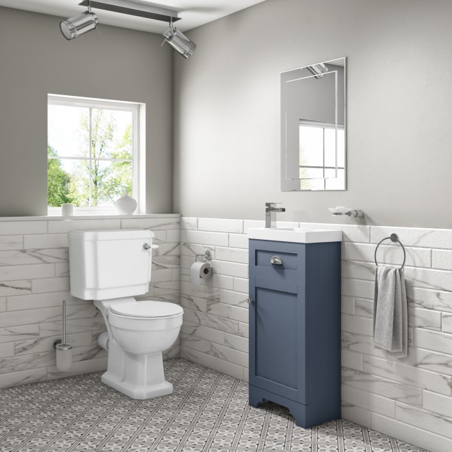 Traditional Cloakroom Suite with Blue Vanity Unit Small Basin & Close ...