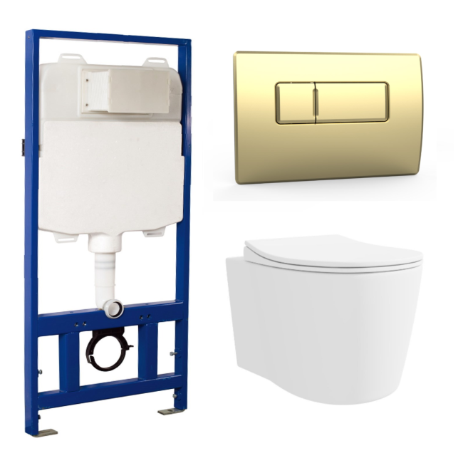 Wall Hung Toilet with Soft Close Seat Brushed Brass Pneumatic Flush ...