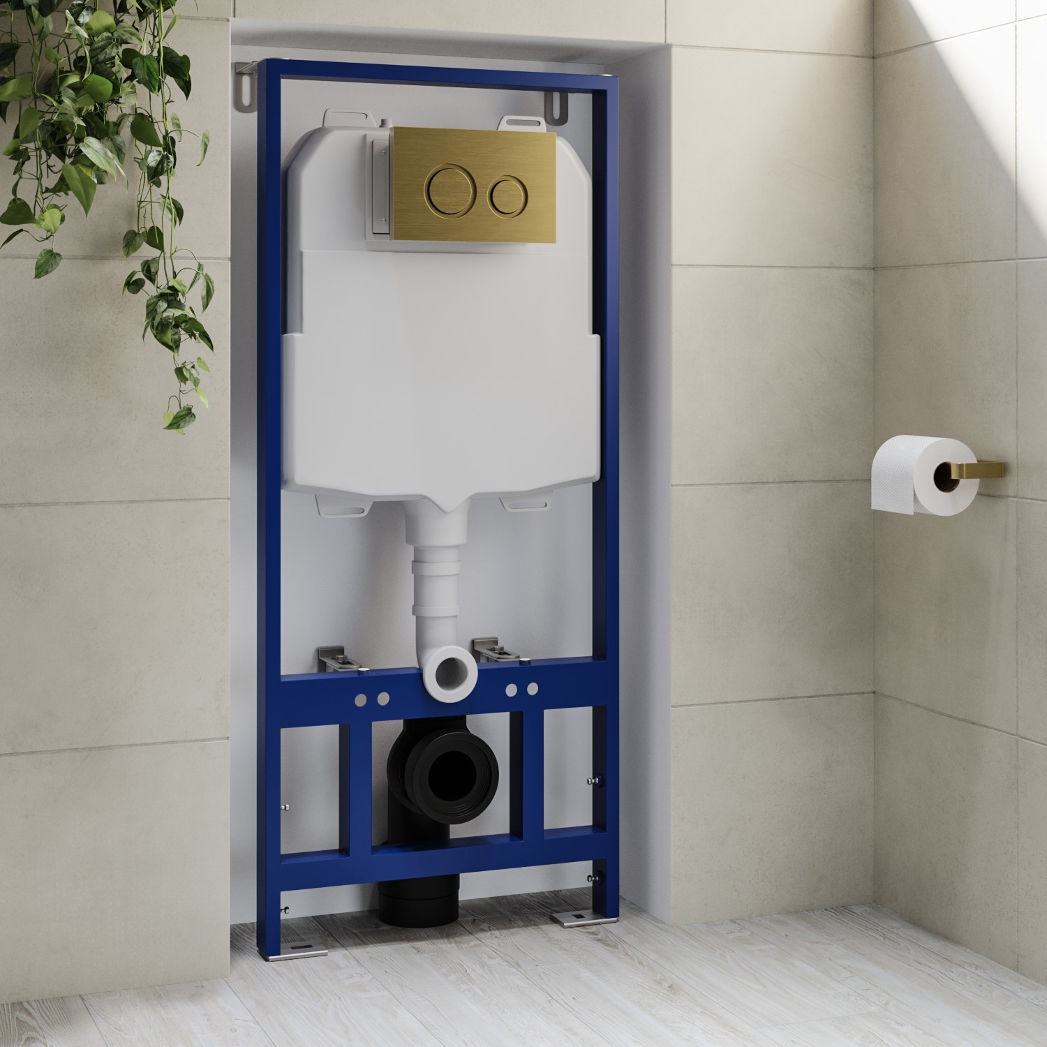 Zana Brushed Brass Mechanical Flush Plate with 1160mm Frame and Cistern ...