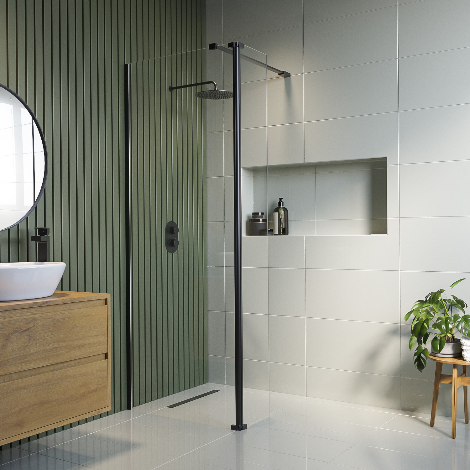 1000mm Matt blackFrameless Wet Room Shower Screen with Hinged Return ...