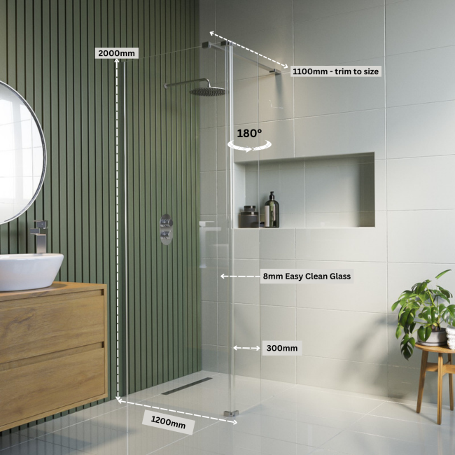 1200mm Frameless Wet Room Shower Screen with 300mm Hinged Flipper Panel ...