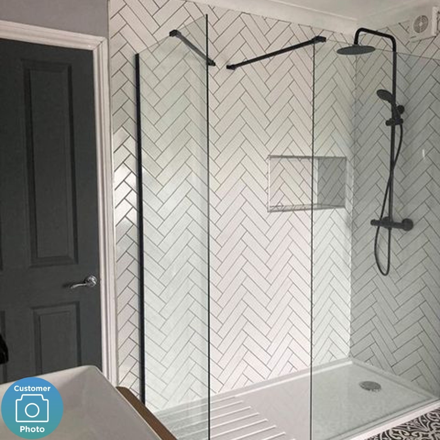 1400x900mm Black Frameless Walk In Shower Enclosure And Shower Tray