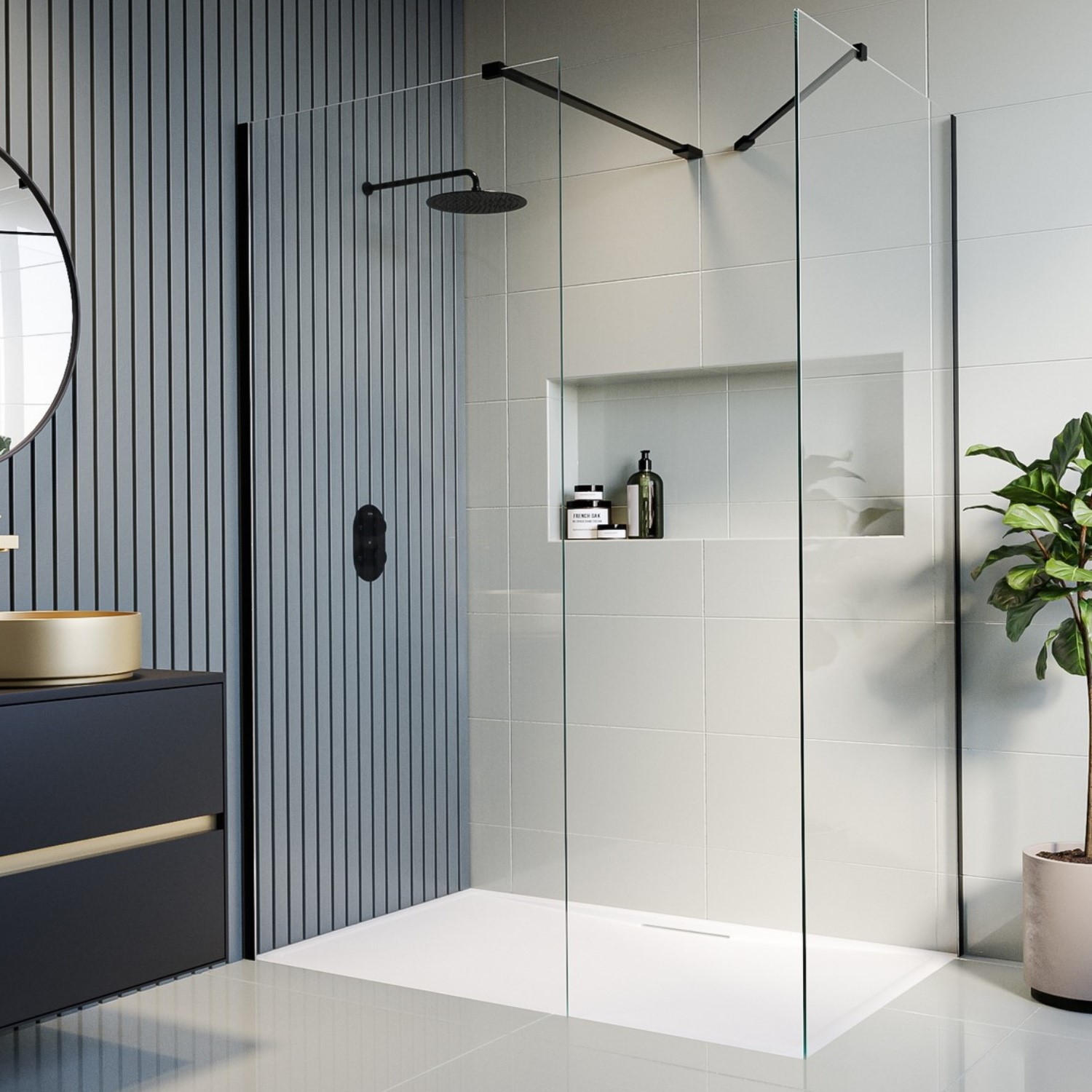 1400x900mm Black Frameless Walk In Shower Enclosure And Shower Tray