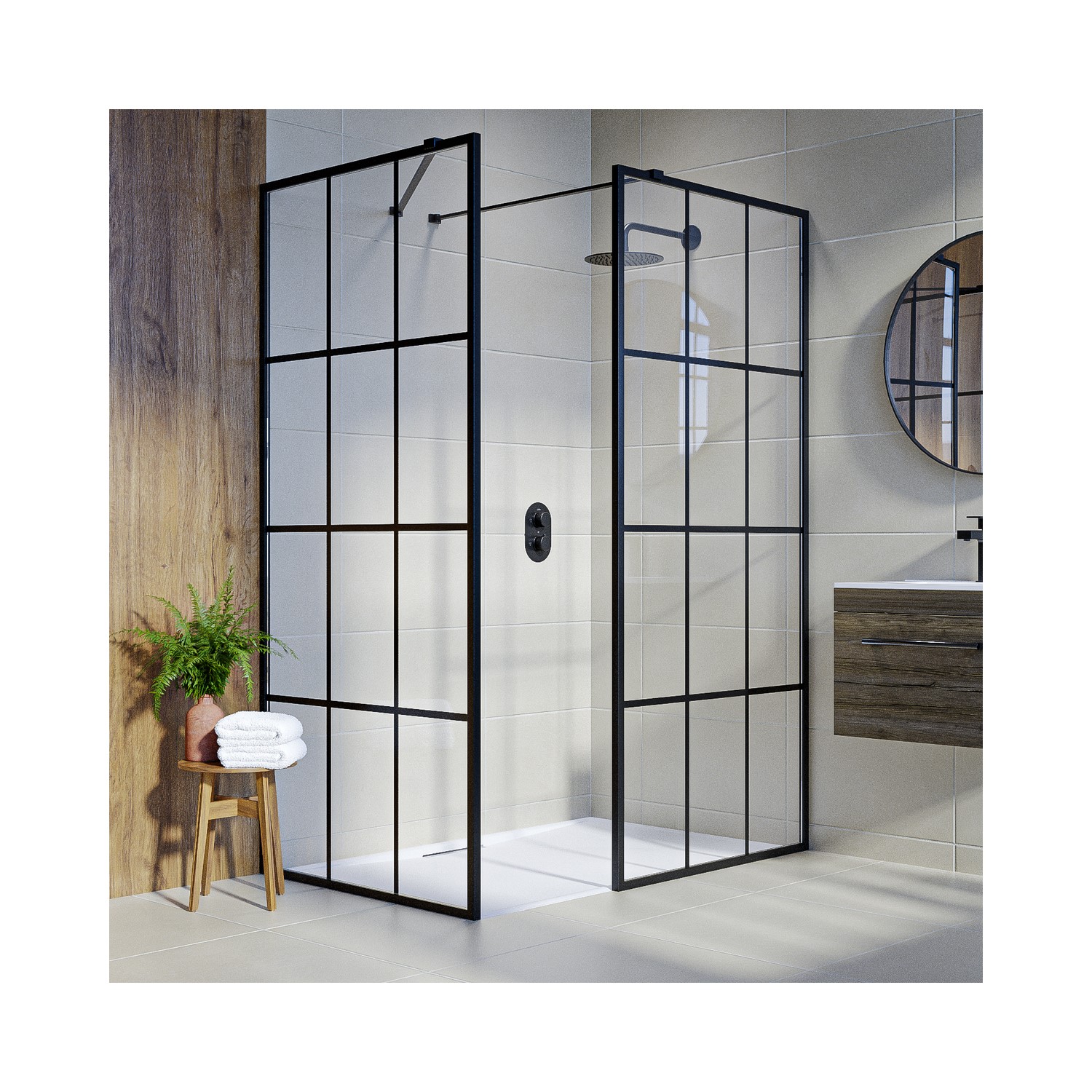 1400x900mm Black Grid Walk In Shower Enclosure and Shower Tray with ...