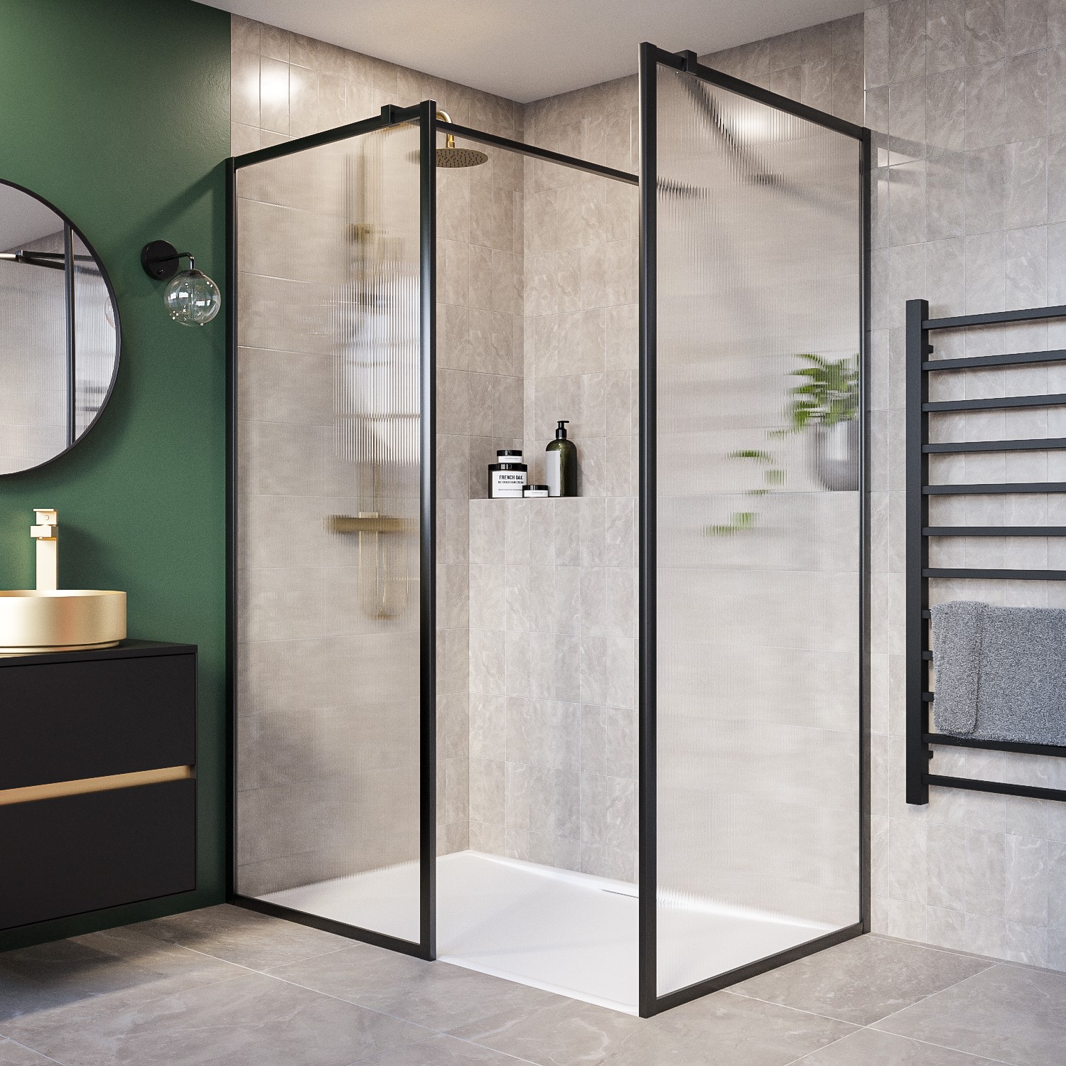 1400x900mm Black Fluted Glass Walk In Shower Enclosure And Shower Tray