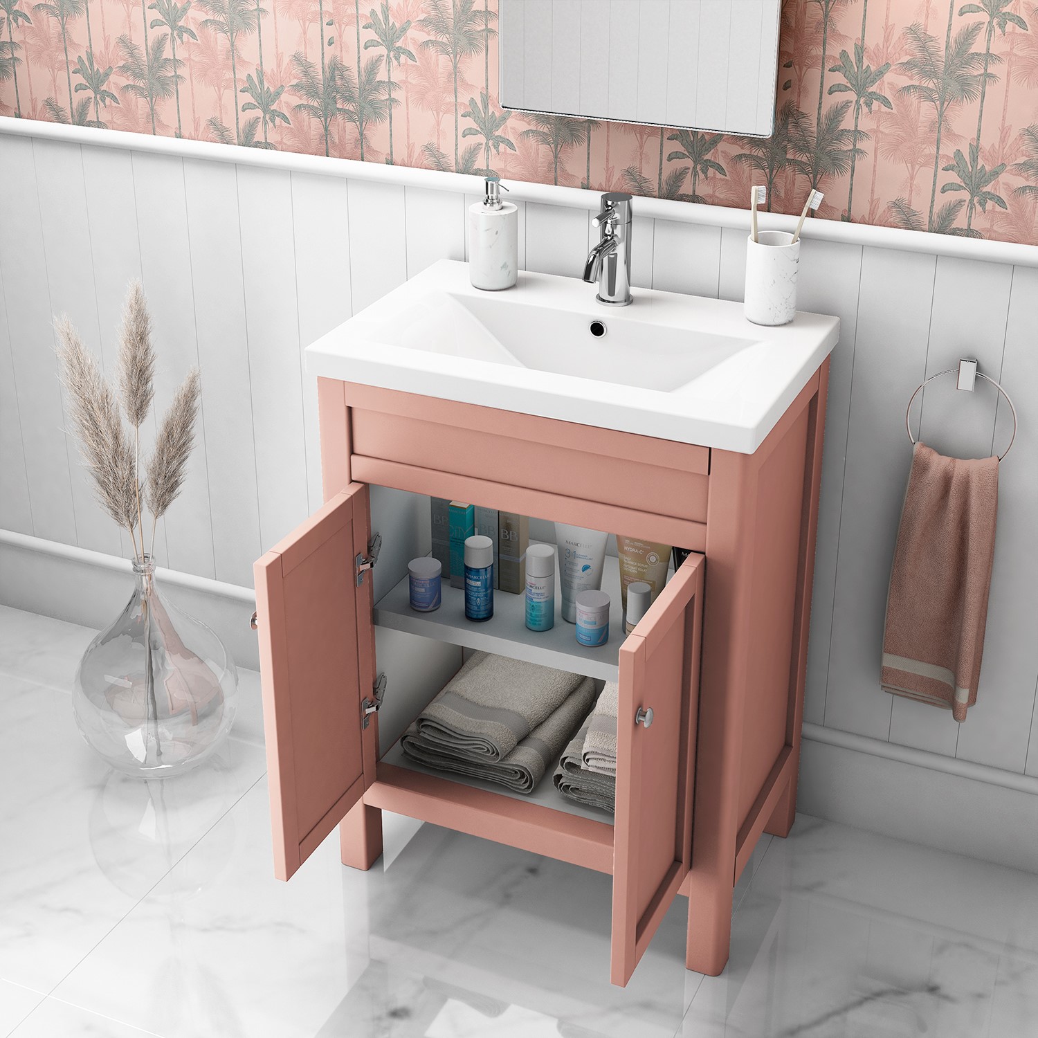 Grade A1 - 600mm Pink Freestanding Vanity Unit with Basin - Avebury ...