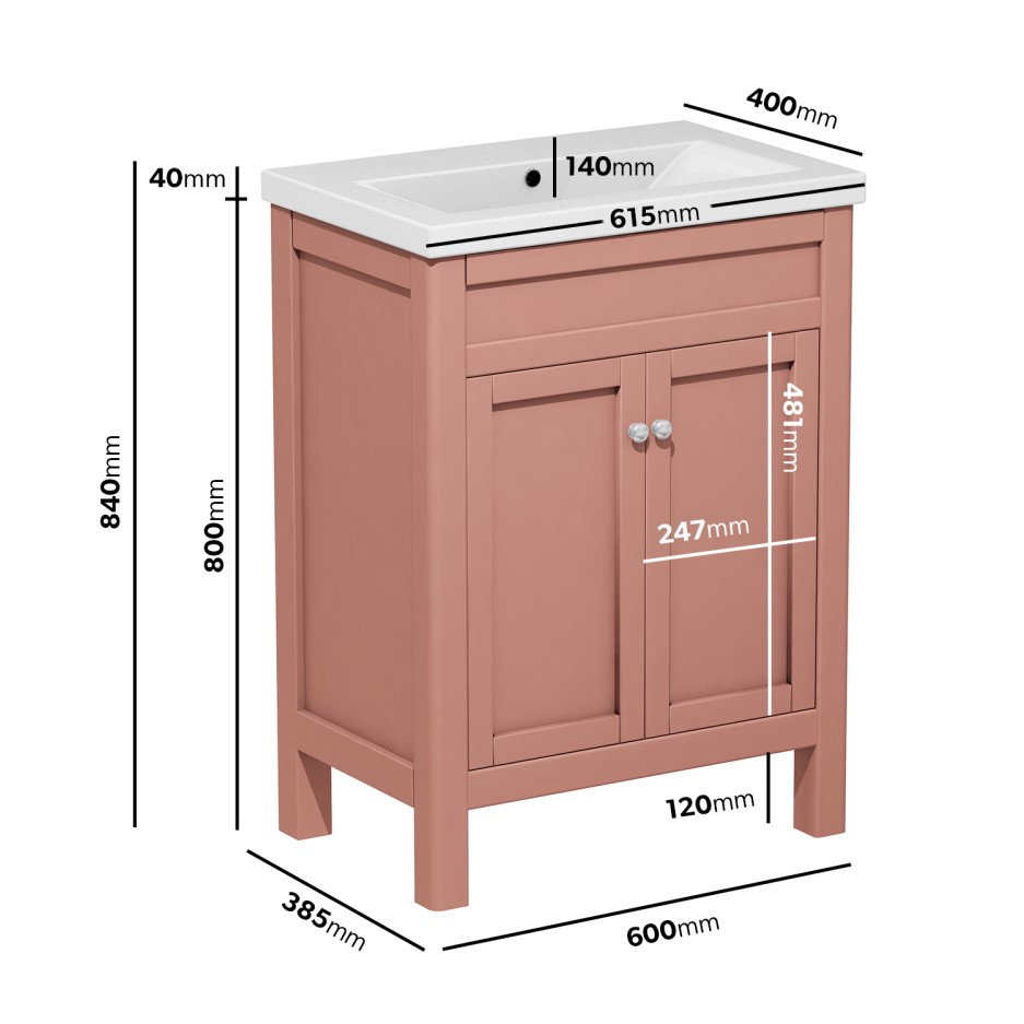 600mm Pink Freestanding Vanity Unit with Basin - Avebury - Better Bathrooms