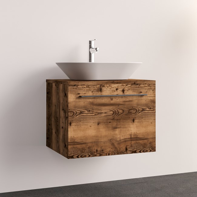 600mm Wood Effect Wall Hung Countertop Vanity Unit with Mirror and ...