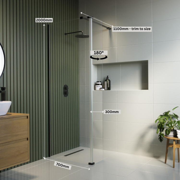 700mm Wet Room Shower Screen Black Frameless with 300mm Hinged Flipper ...