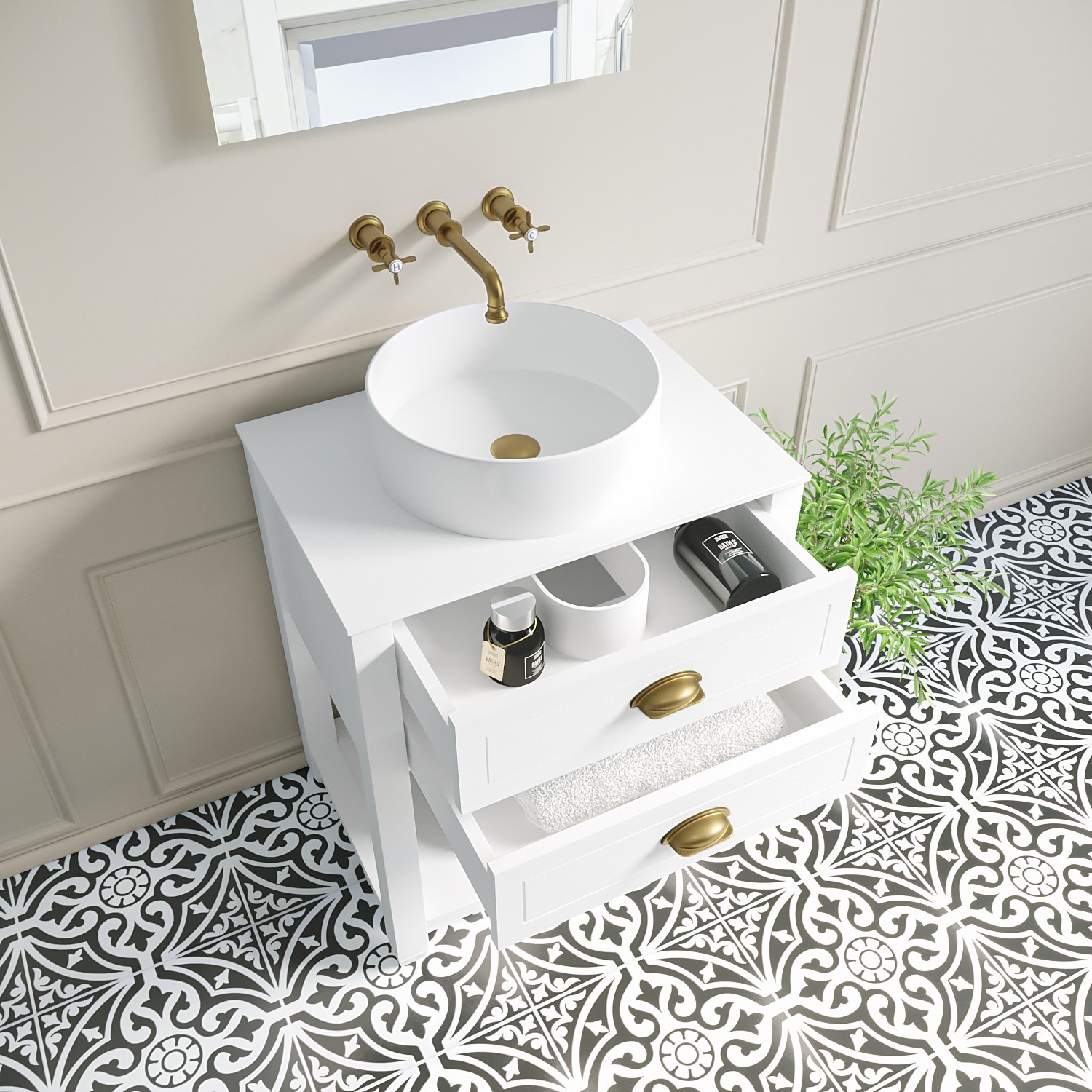 650mm White Traditional Freestanding Vanity Unit with Brass Handles ...