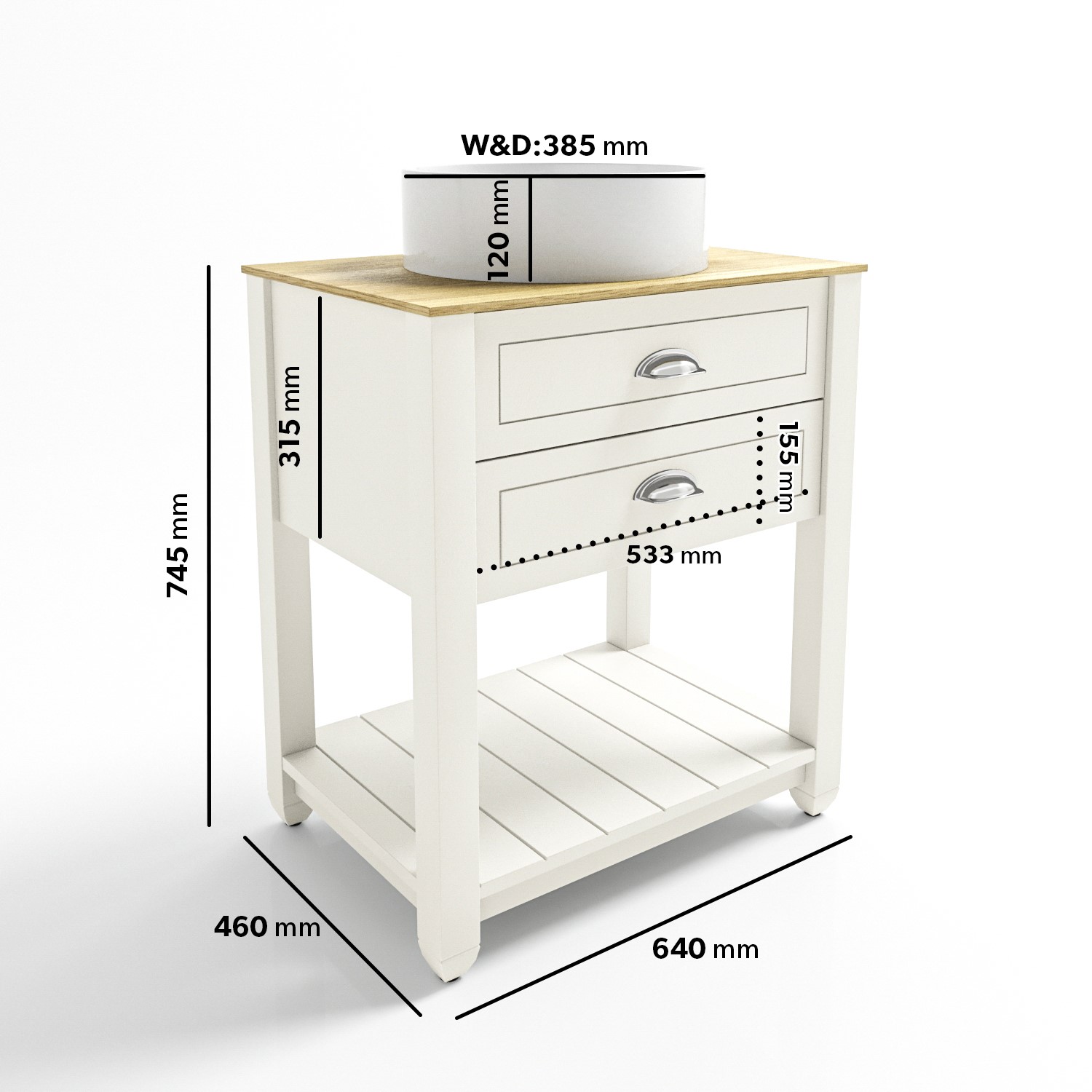 650mm Beige Traditional Freestanding Vanity Unit with Wood Effect Top ...