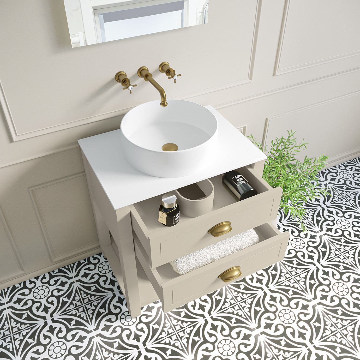 650mm Beige Traditional Freestanding Vanity Unit with Brass Handles ...