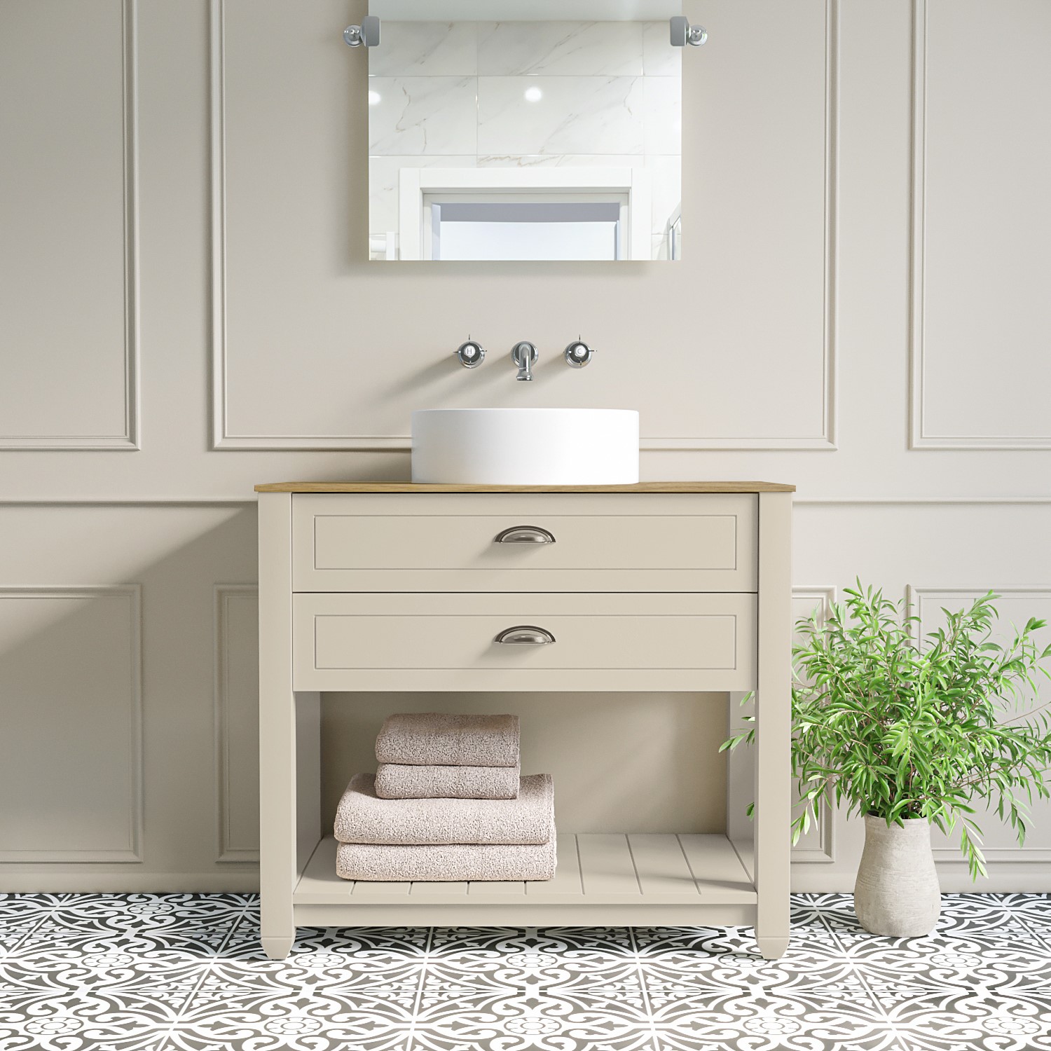 850mm Beige Traditional Freestanding Vanity Unit with Wood Effect Top ...