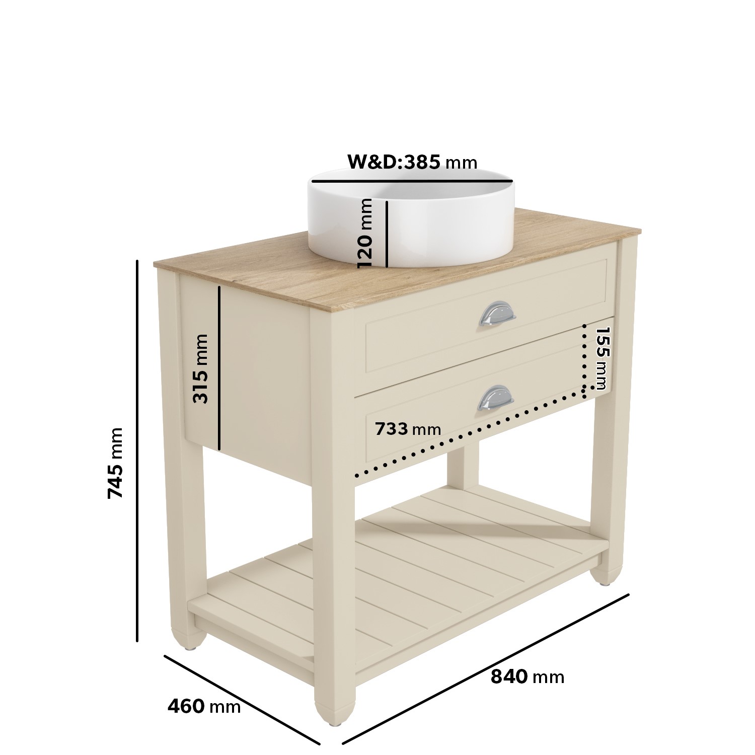 850mm Beige Traditional Freestanding Vanity Unit with Wood Effect Top ...