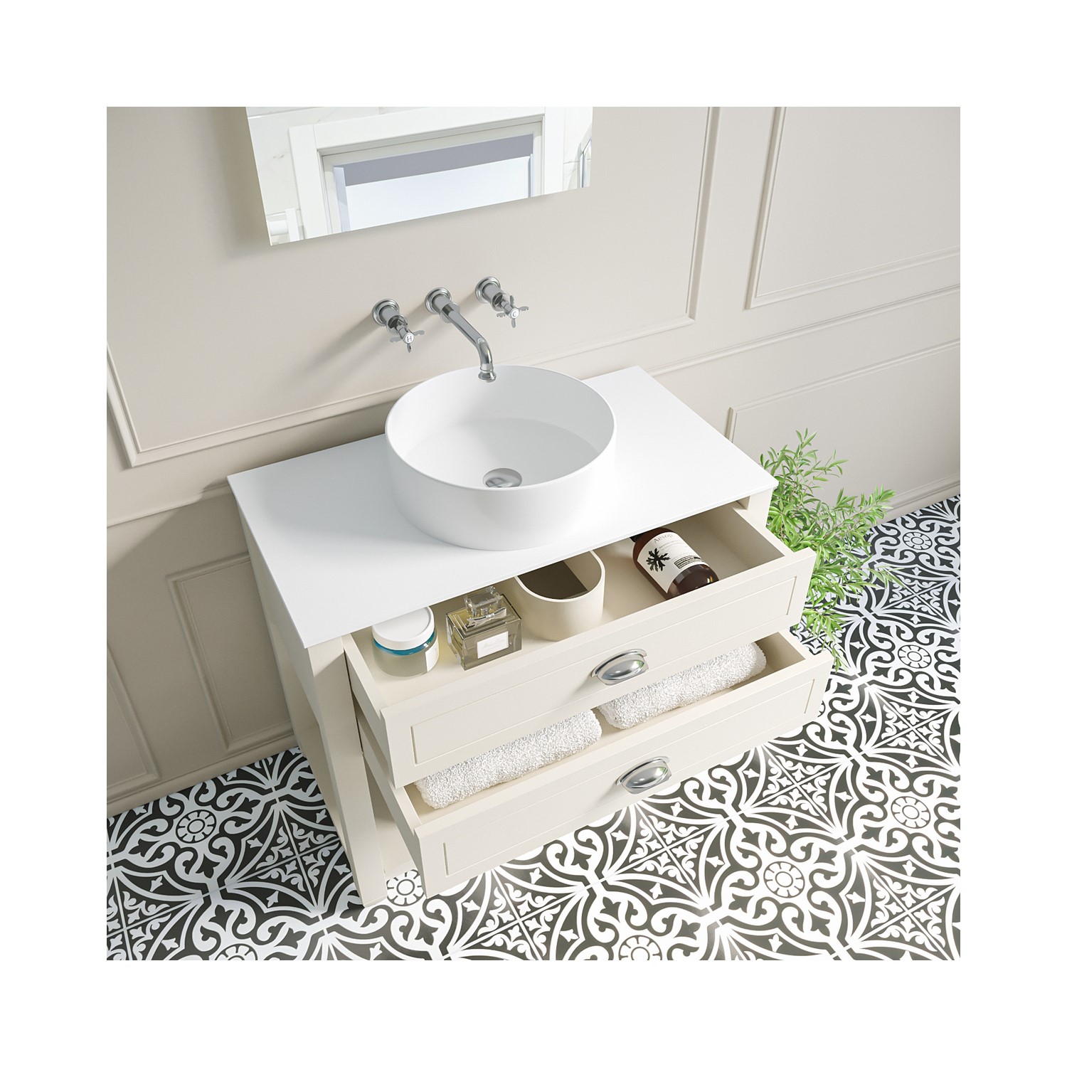 850mm Beige Traditional Freestanding Vanity Unit with Brass Handles ...