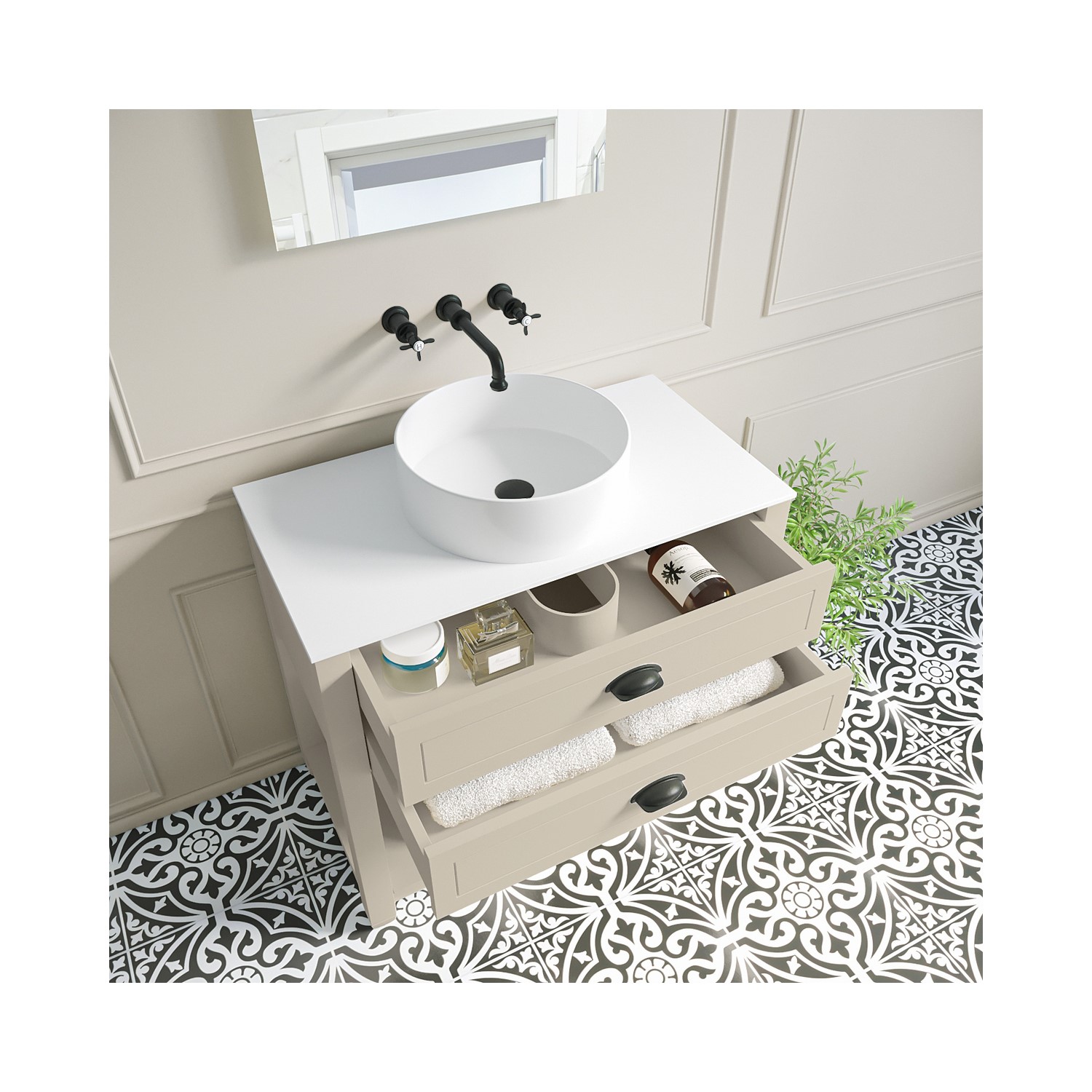 850mm Beige Traditional Freestanding Vanity Unit with Black Handles ...