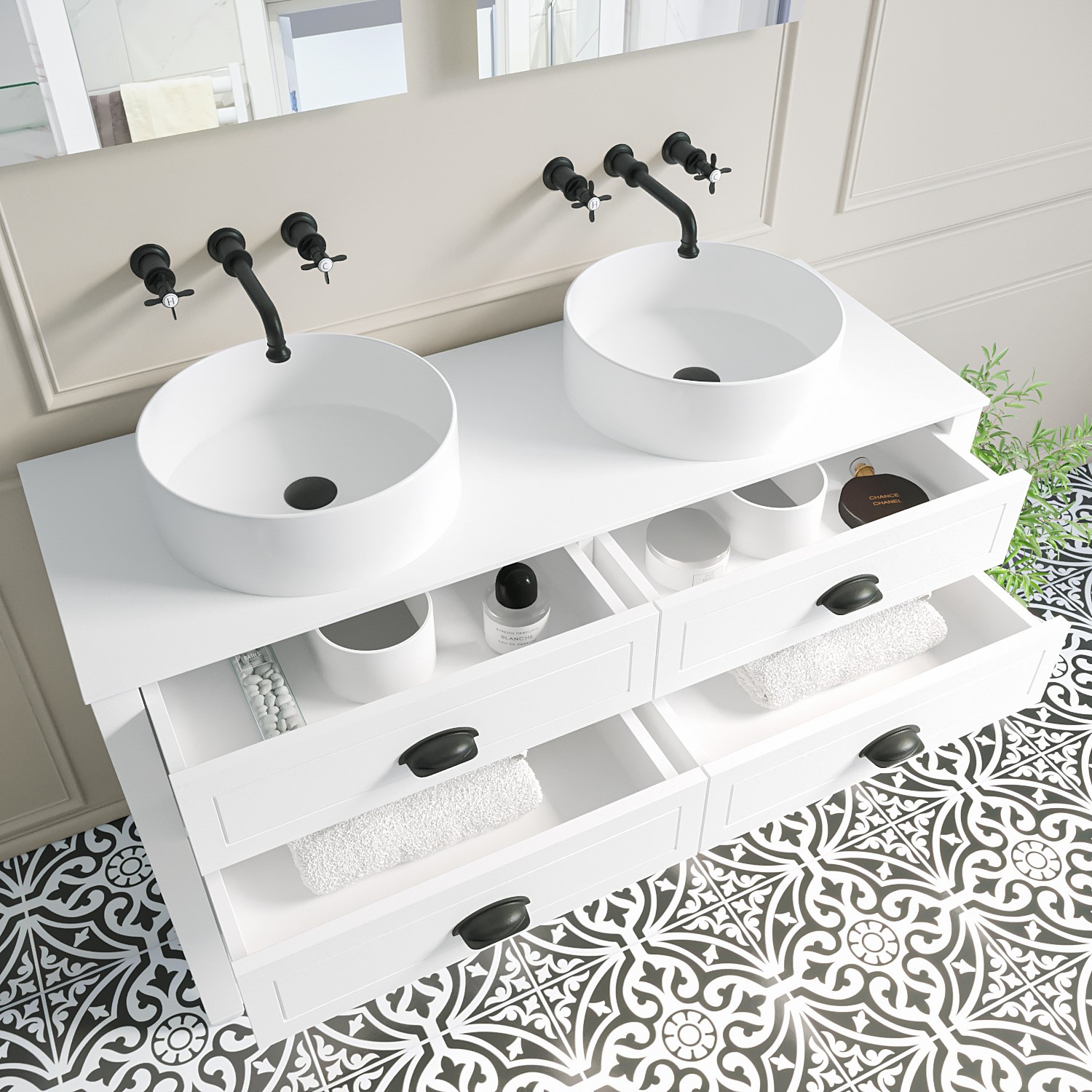 1250mm White Traditional Freestanding Vanity Unit with Black Handles ...