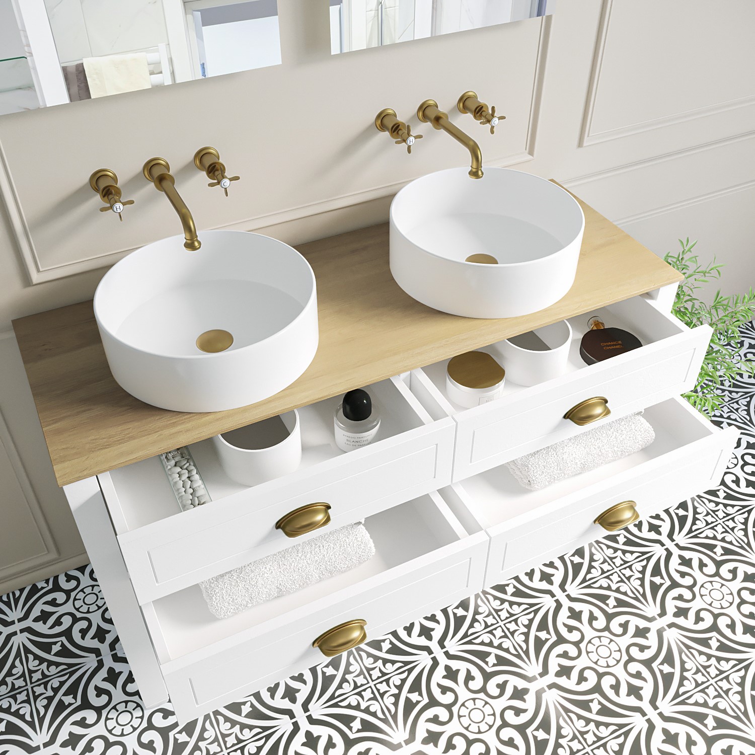 1250mm White Traditional Freestanding Vanity Unit with Wood Effect Top ...