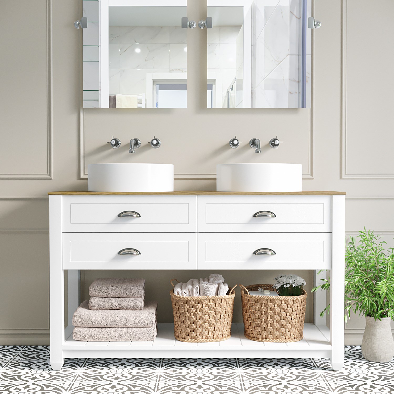 Grade A1 - 1250mm White Traditional Freestanding Vanity Unit with Wood ...