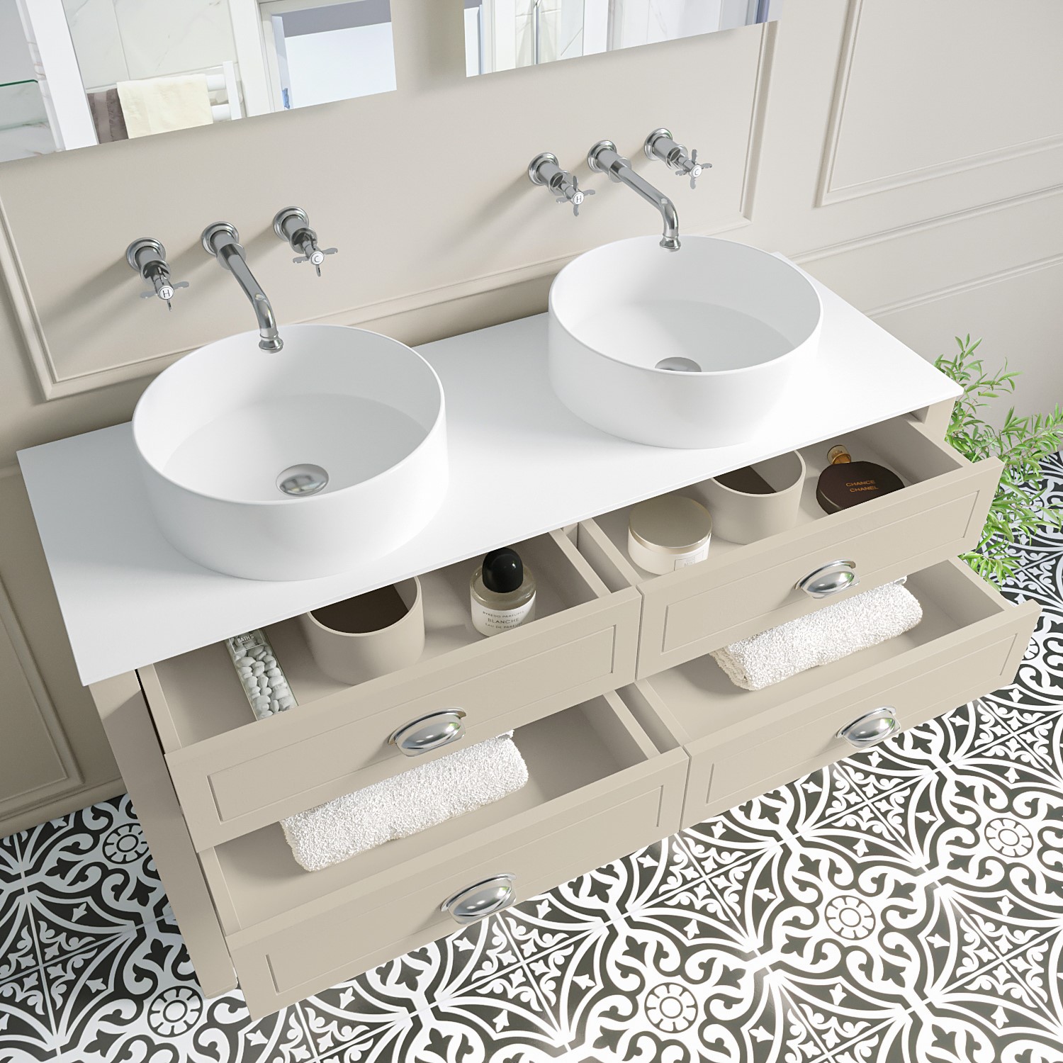 1250mm Beige Traditional Freestanding Vanity Unit with Chrome Handles ...