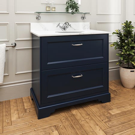 Grade A1 - 800mm Blue Freestanding Marble Top Vanity Unit - Ashbourne ...