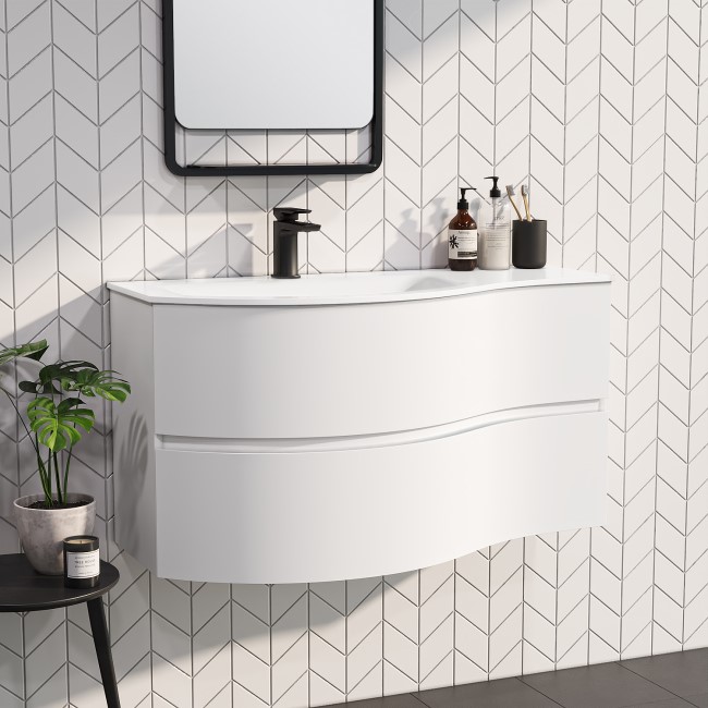 Grade A1 - 1000mm White Wall Hung Left Hand Curved Vanity Unit with ...
