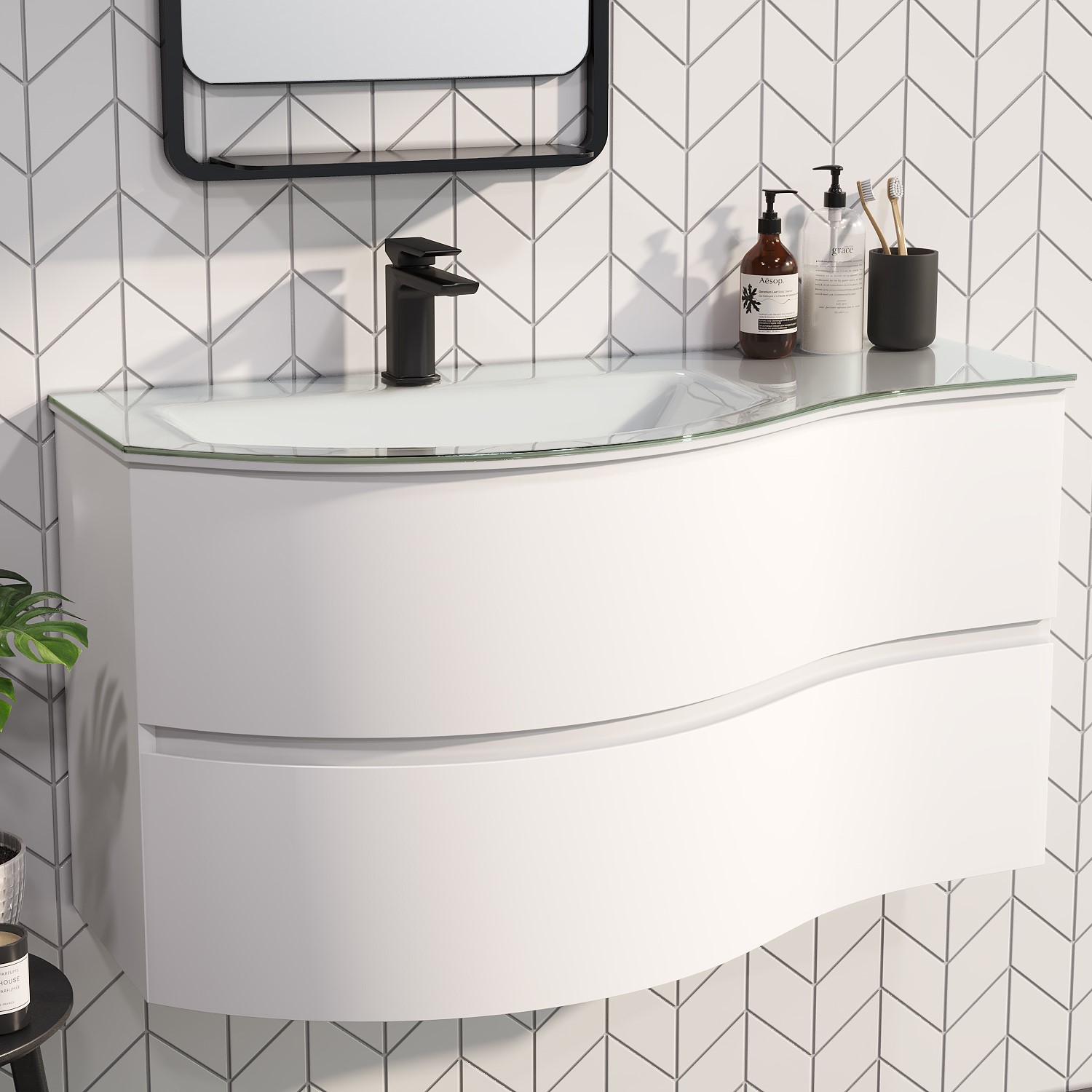 1000mm White Wall Hung Left Hand Curved Vanity Unit with Basin - Tulum ...