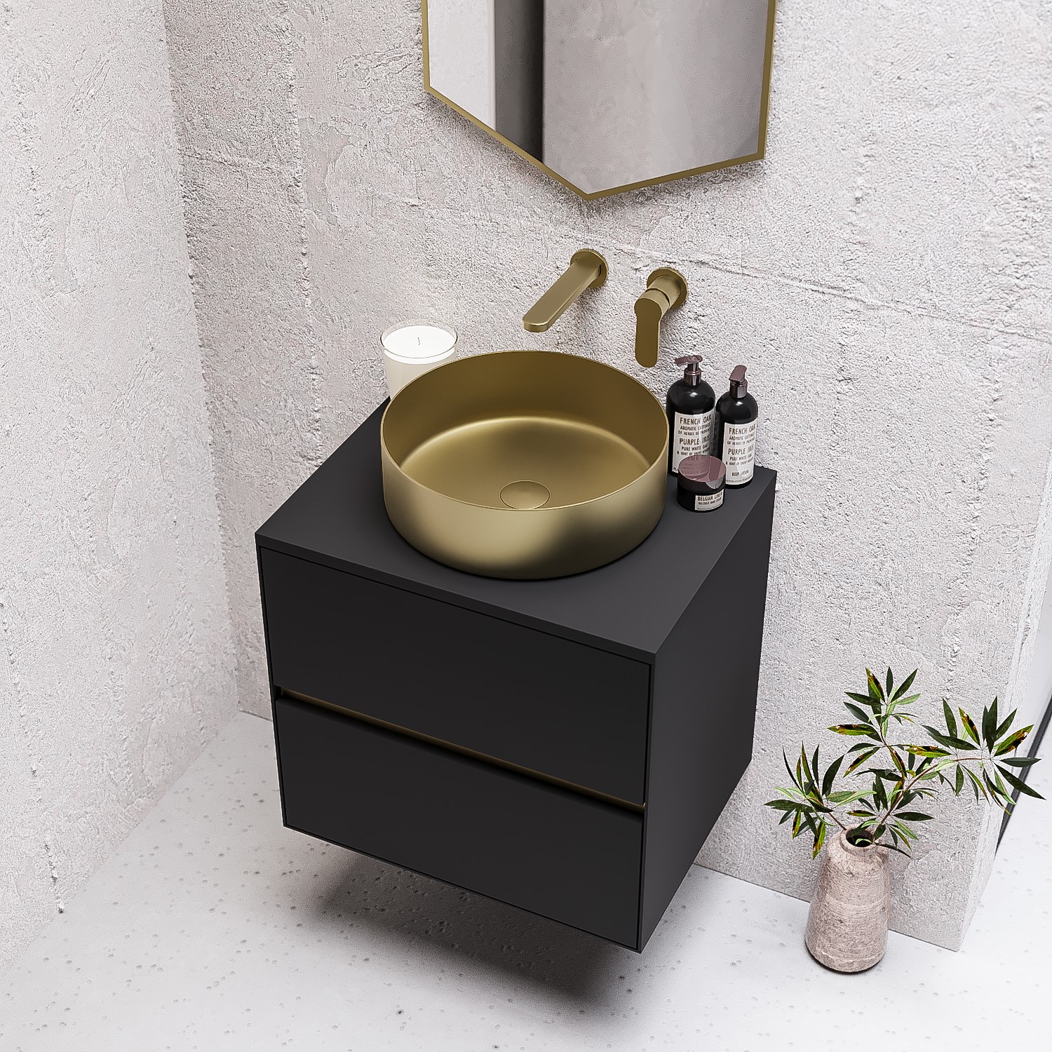 600mm Black Wall Hung Countertop Vanity Unit with Basin - Roxbi ...