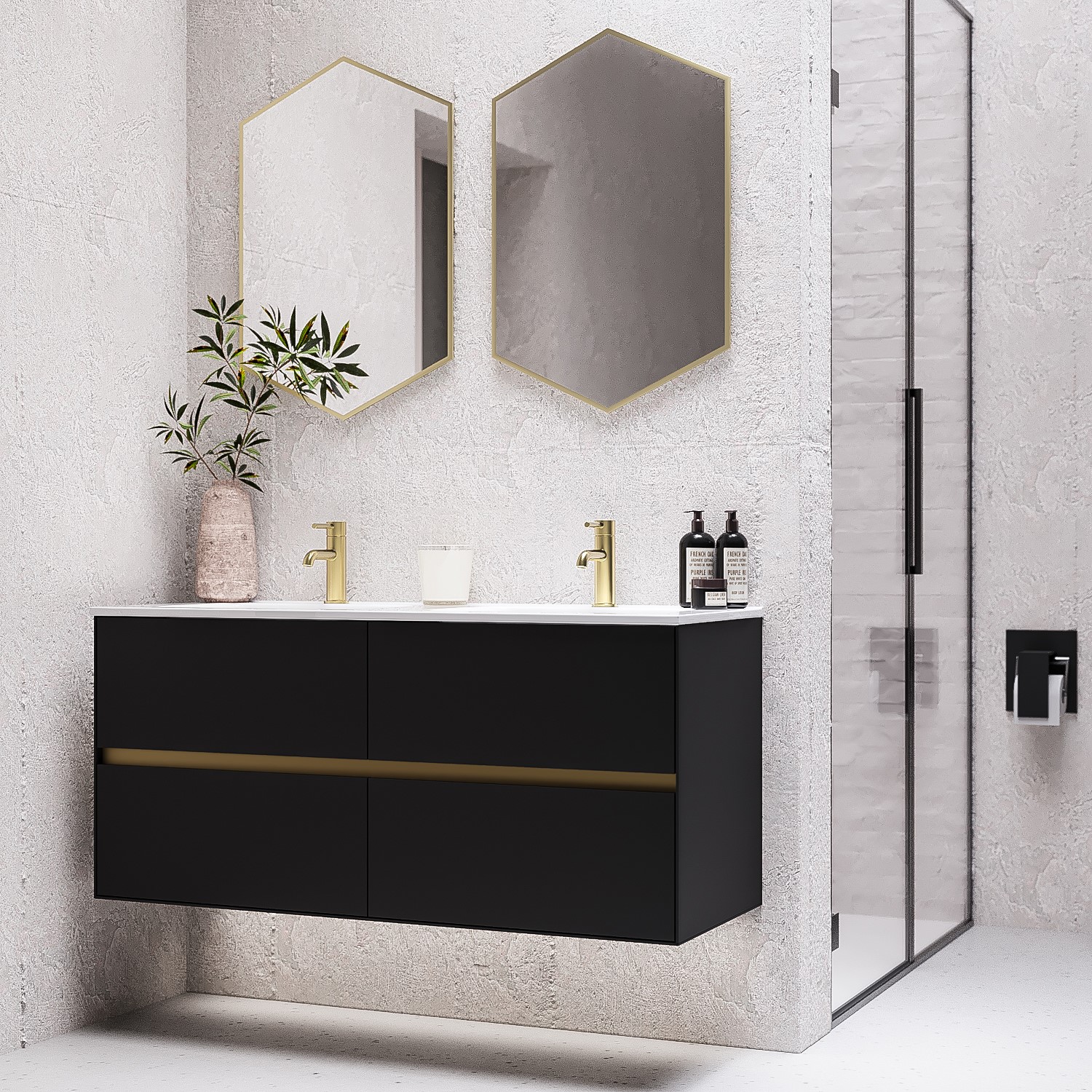 1200mm Black Wall Hung Double Vanity Unit with Basins - Roxbi - Better ...