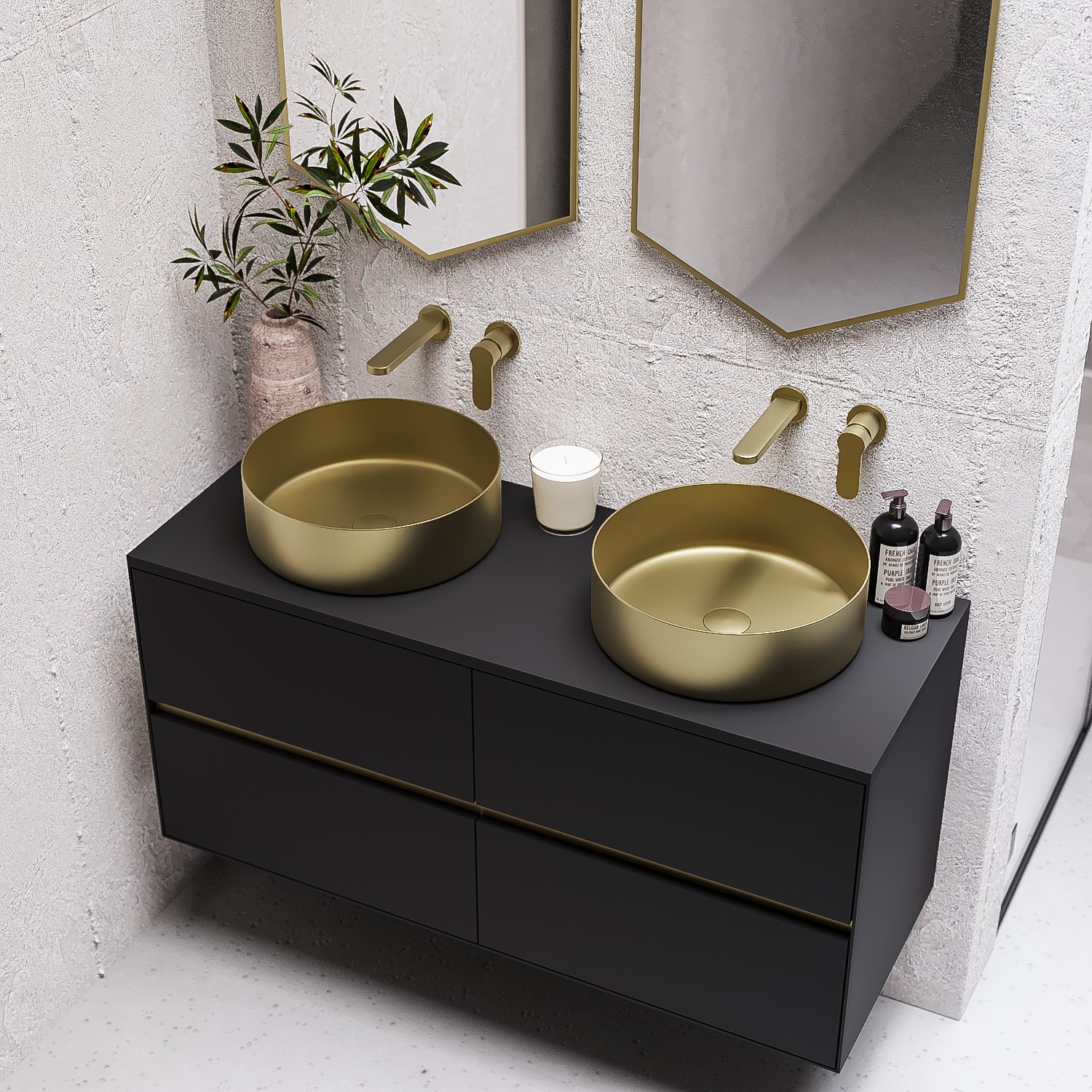 1200mm Black Wall Hung Double Countertop Vanity Unit with Basin - Roxbi ...
