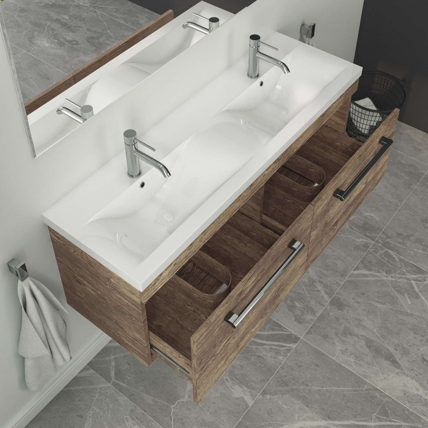 1200mm Wood Effect Wall Hung Double Vanity Unit with Basin and Chrome ...